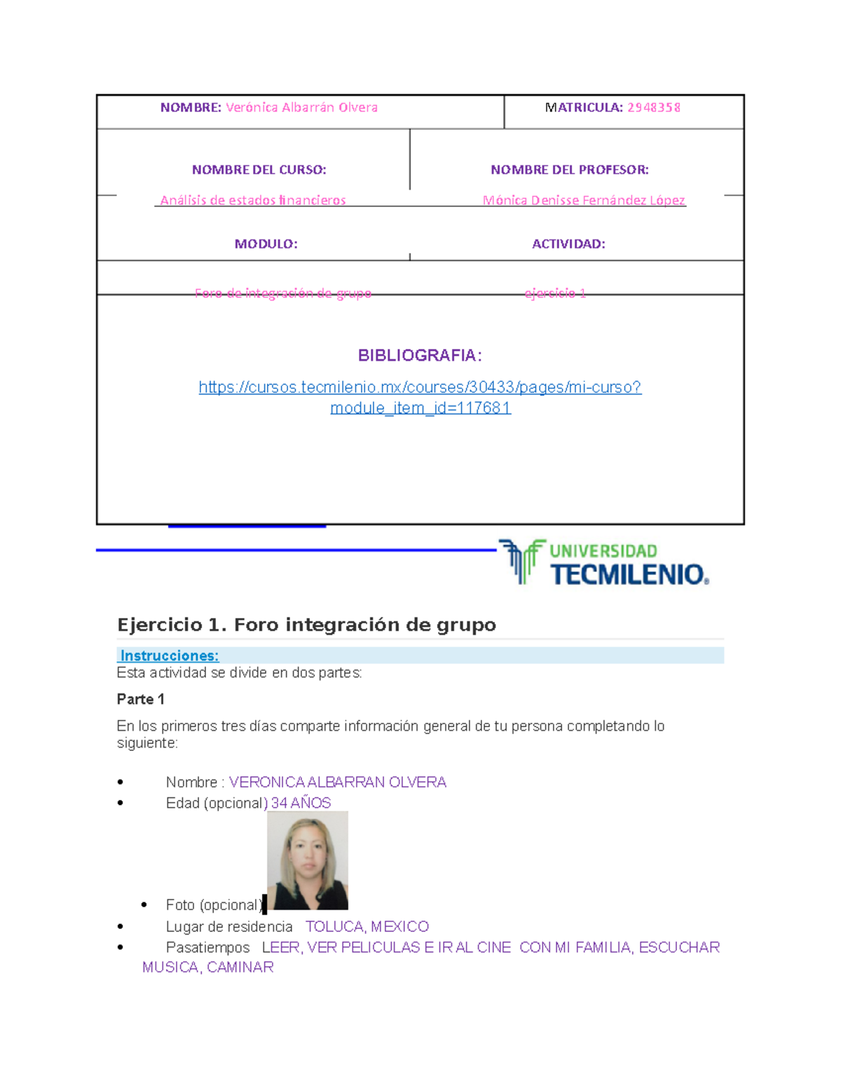 Ejercicio 1 administración del proyecto com - NOMBRE: Verónica Albarrán ...