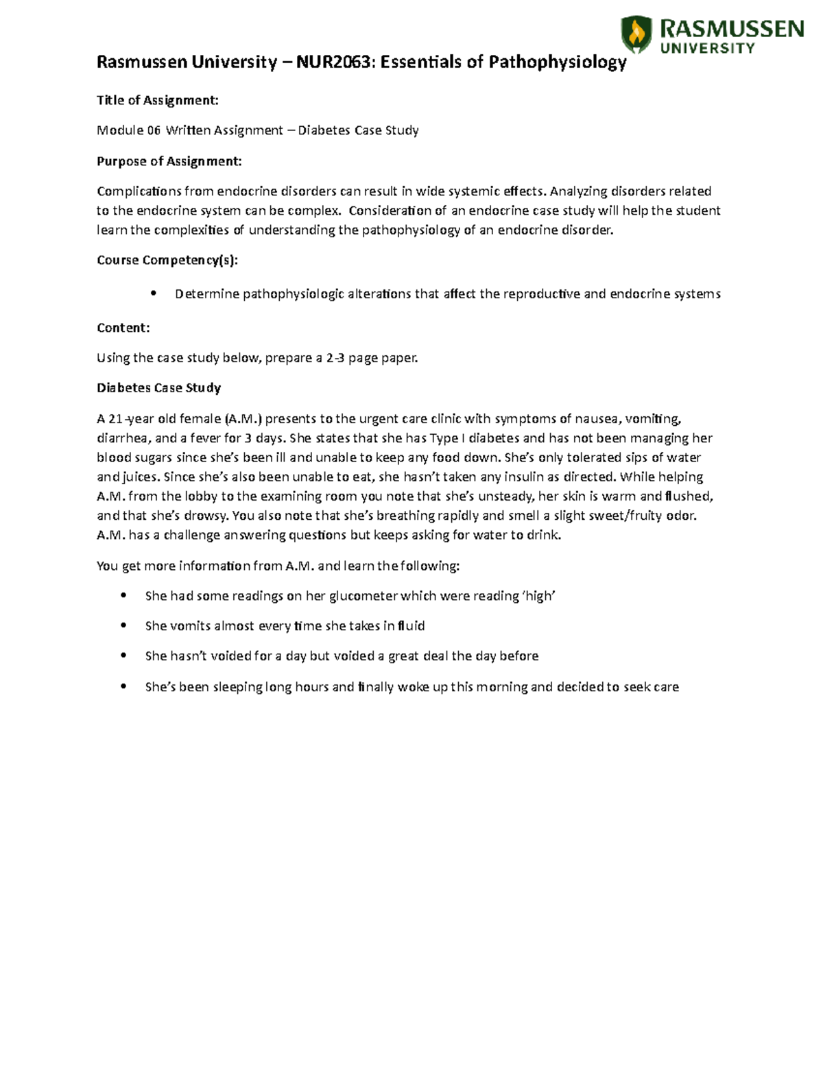 NUR2063 Module 06 Written Assignment-Diabetes Case Study - Rasmussen ...