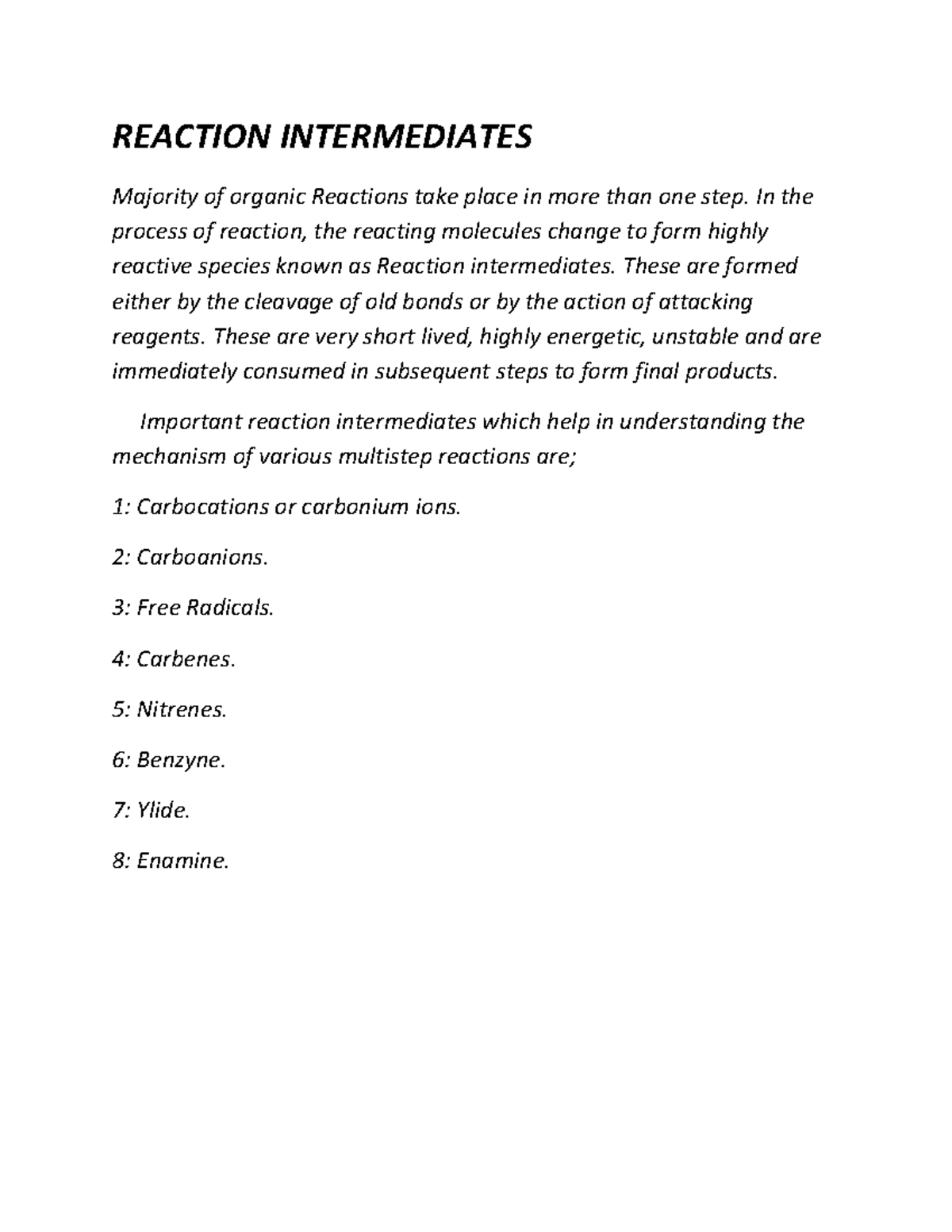 Reaction Intermediates in chemistry - REACTION INTERMEDIATES Majority ...