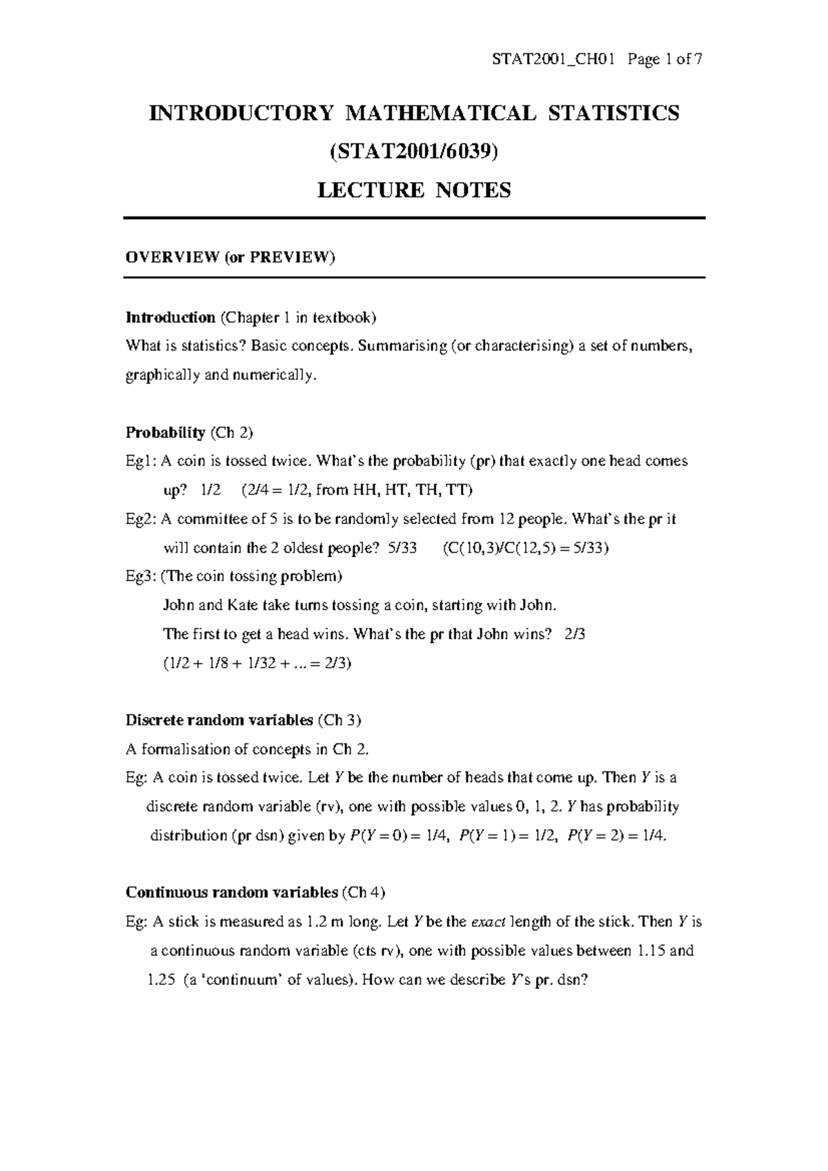 Lectures Ch 01 - Stat2001 - INTRODUCTORY MATHEMATICAL STATISTICS ...