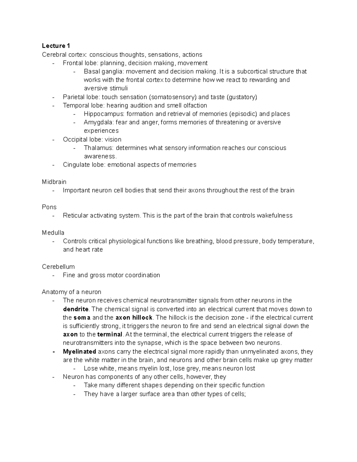 PCL200 Drugs & the Brain 2021 fall notes - Lecture 1 Cerebral cortex ...