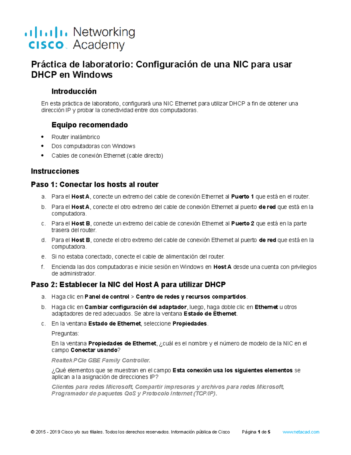 1- Diego Olivero - Lab - Configure a NIC to Use DHCP in Windows - Práctica de laboratorio: - Studocu