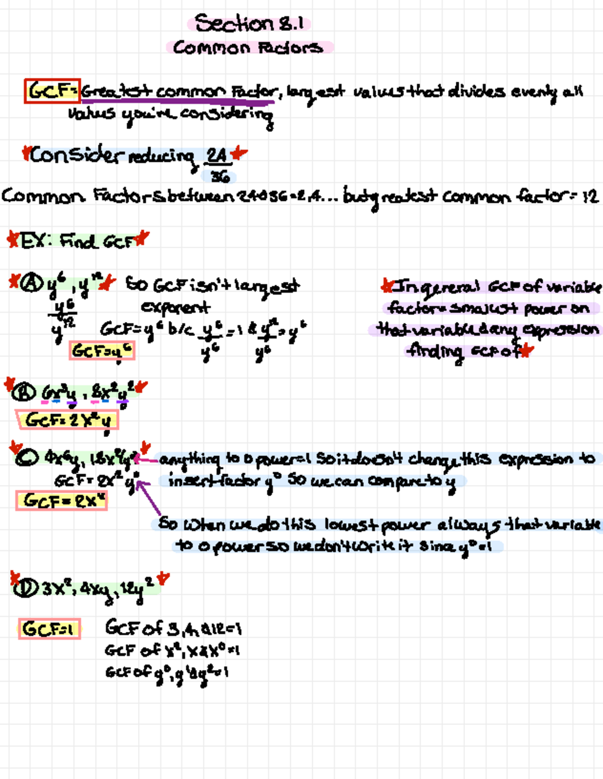Elementary Algebra chapter 8 notes - Section8. Common Factors GCF ...