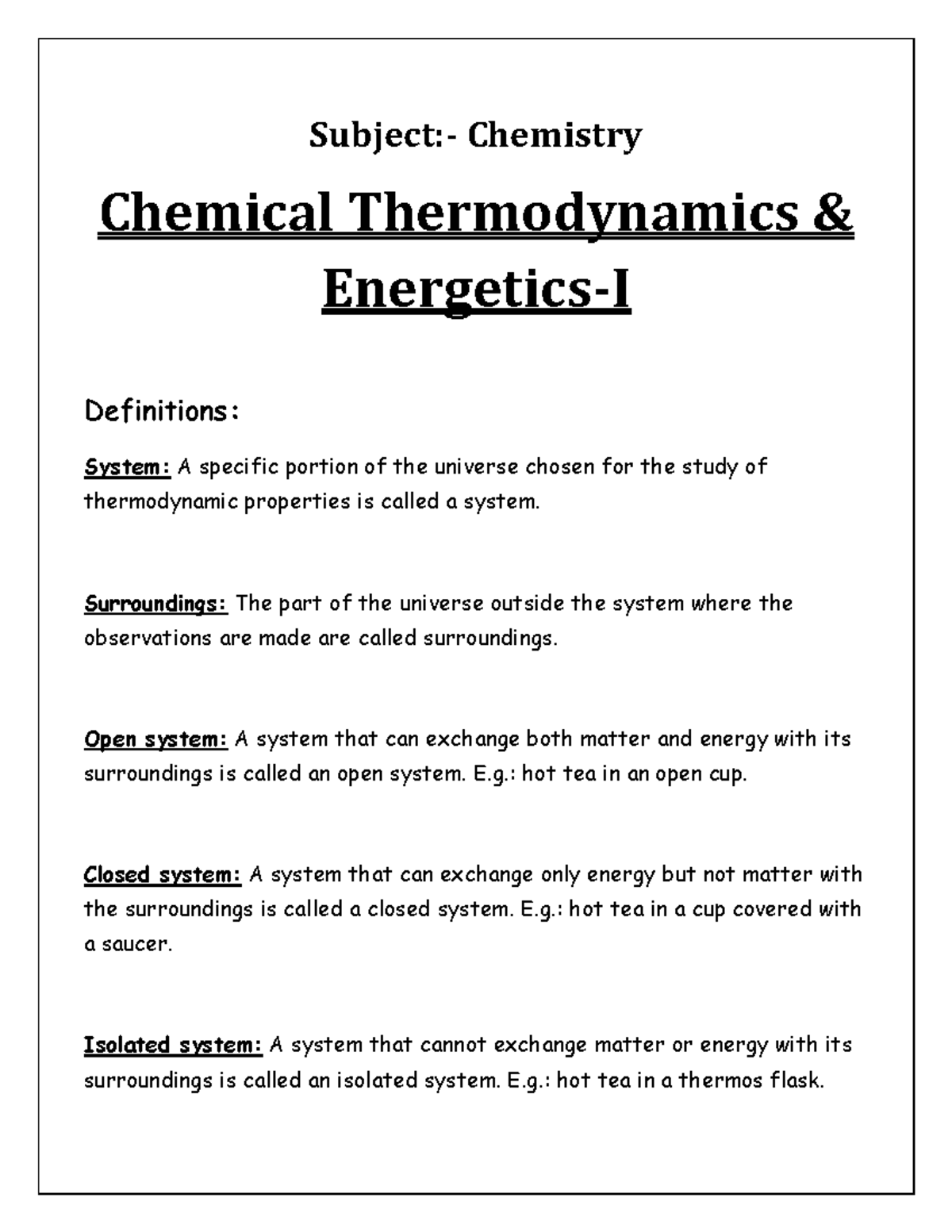 Chemical Thermodynamics & Energetics-I notes - Subject:- Chemistry ...