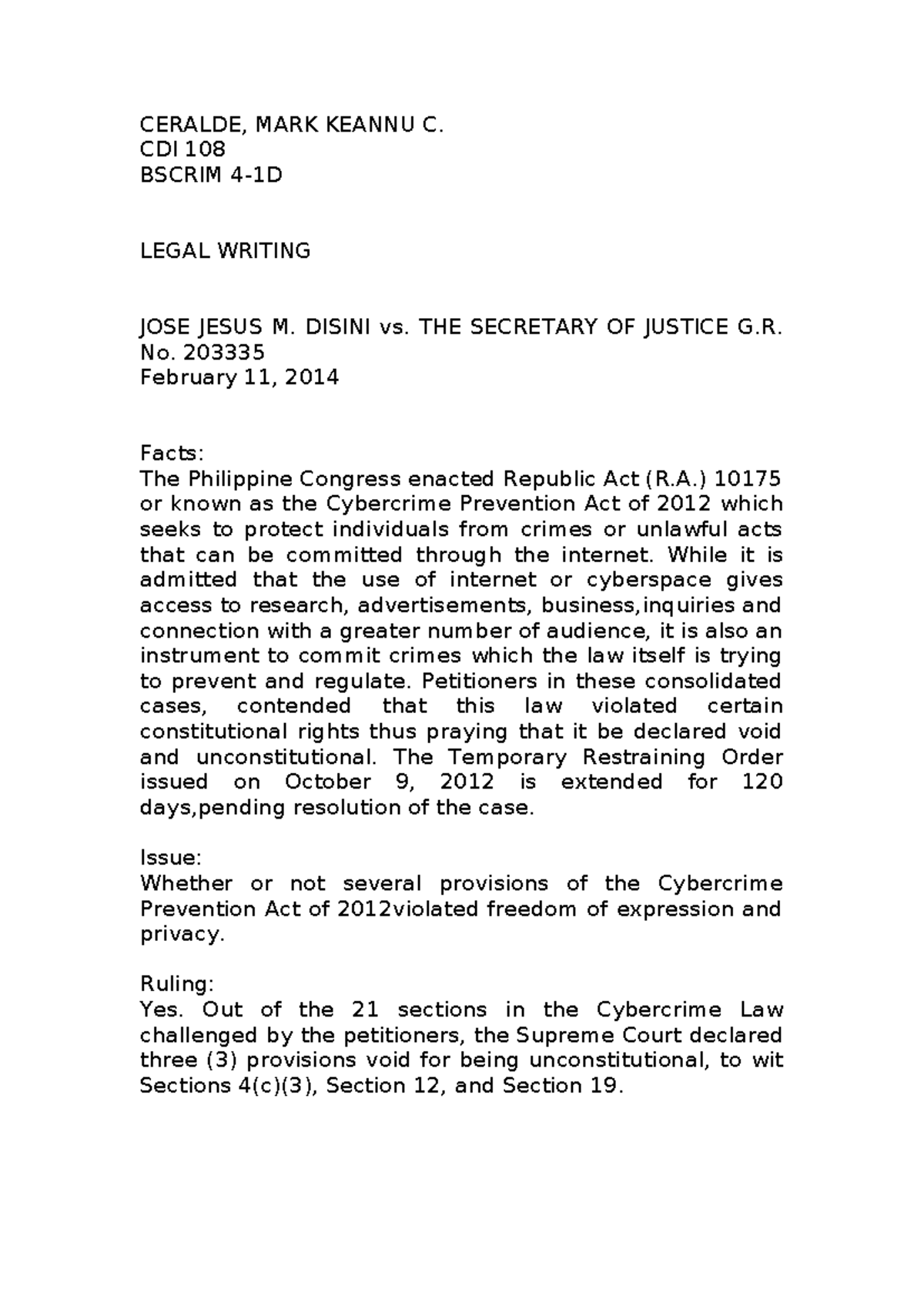 CDI 108 Assignment - CERALDE, MARK KEANNU C. CDI 108 BSCRIM 4-1D LEGAL ...