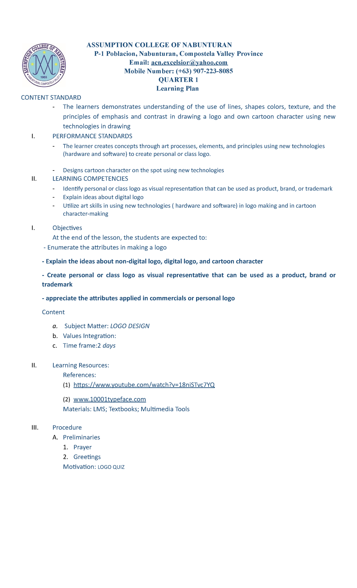 Lesson plan week 2 - ASSUMPTION COLLEGE OF NABUNTURAN P-1 Poblacion ...