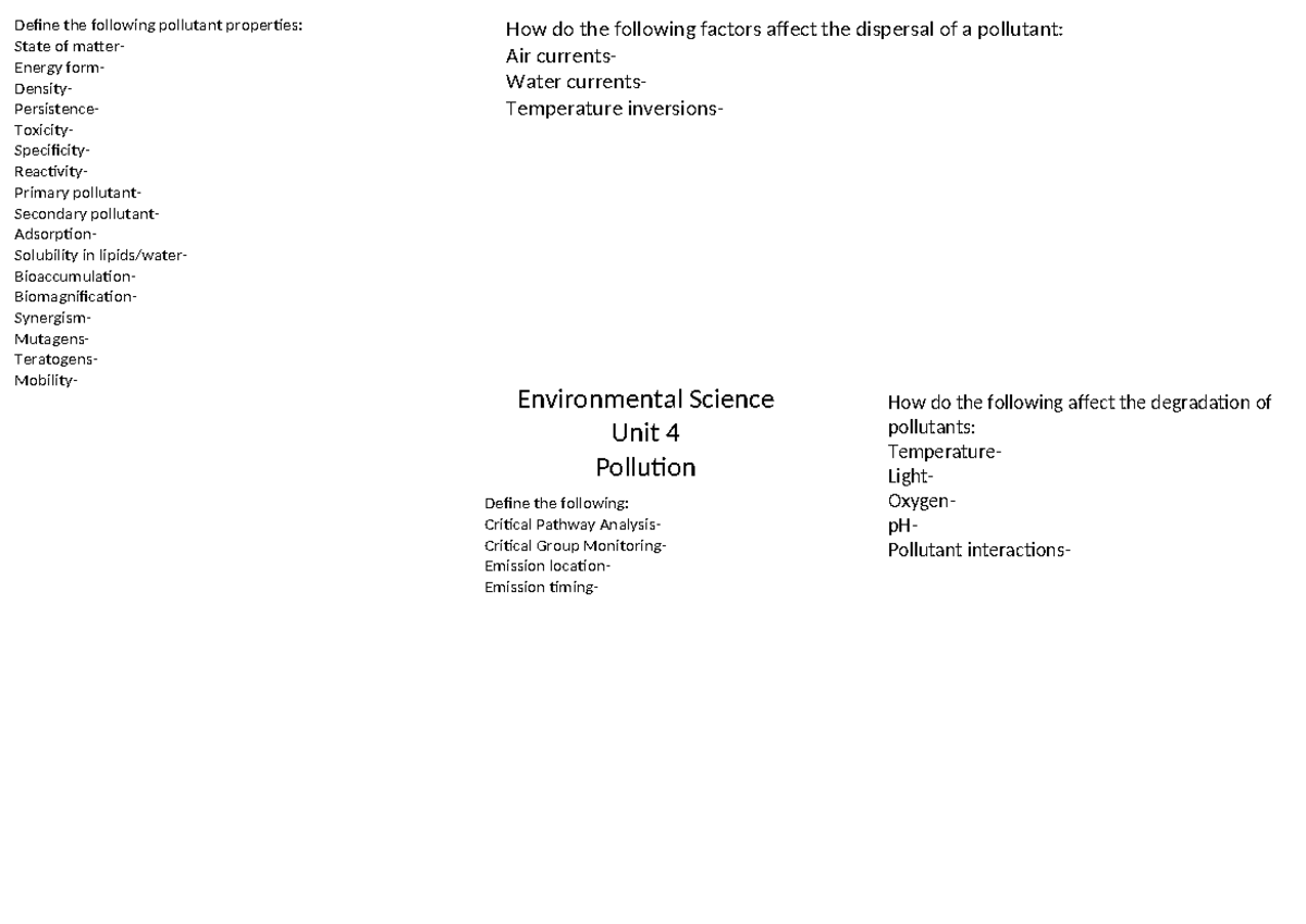 ES Unit 4 Pollution Revision - Environmental Science Unit 4 Pollution ...