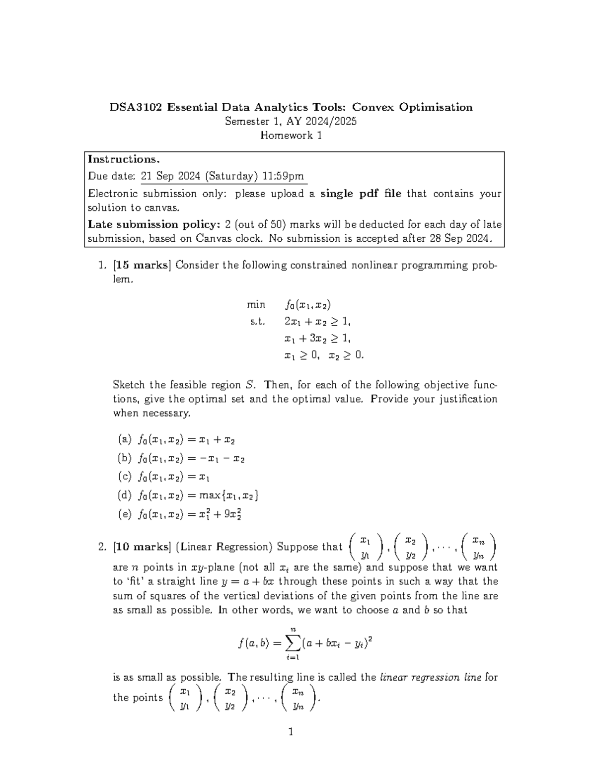 Homework 1 - DSA3102 Essential Data Analytics Tools: Convex Optimisation Semester 1, AY 2024 ...