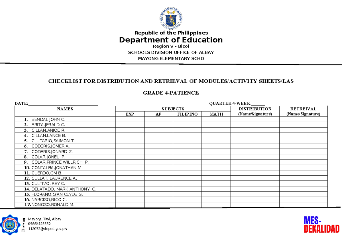 Checklist modules Grade 4 Patience - Mayong, Tiwi, Albay 09558125552 ...