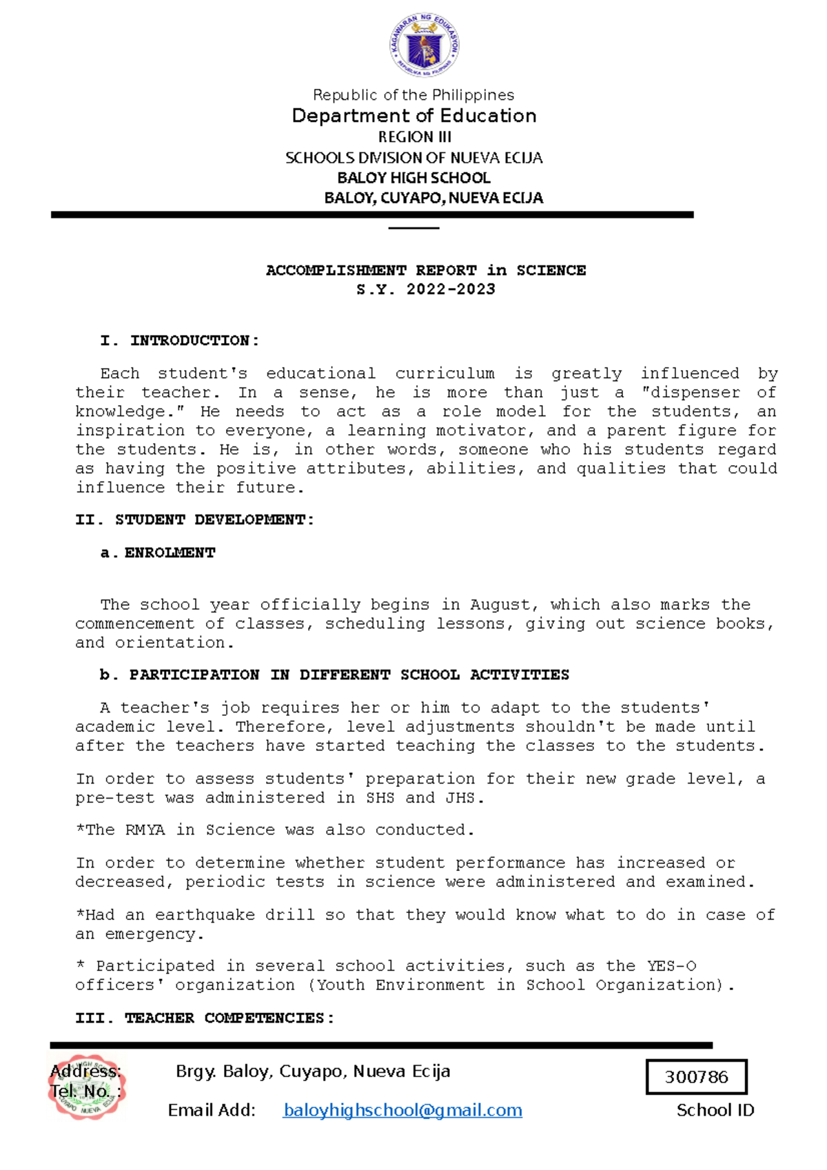 Accomplishment report - Department of Education REGION III SCHOOLS ...