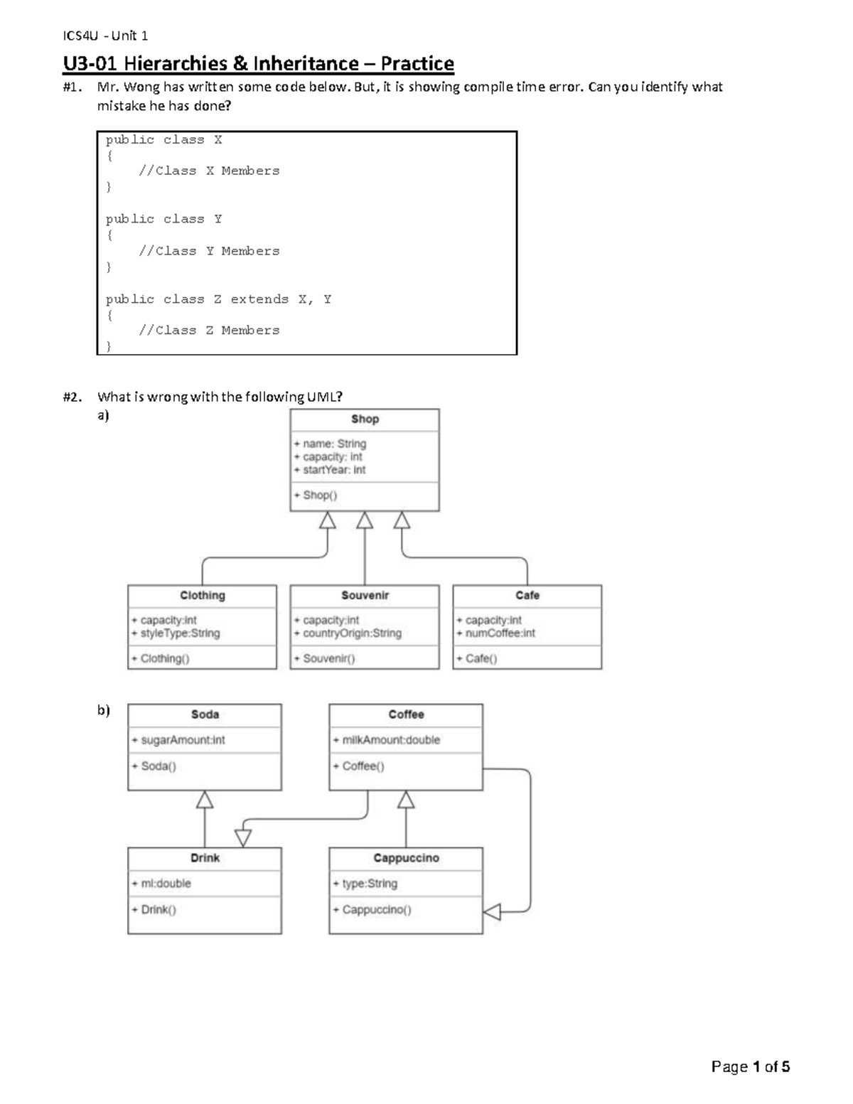 U3 01 Hierarchies And Inheritance Practice Ics4u Unit 1 U 3 01