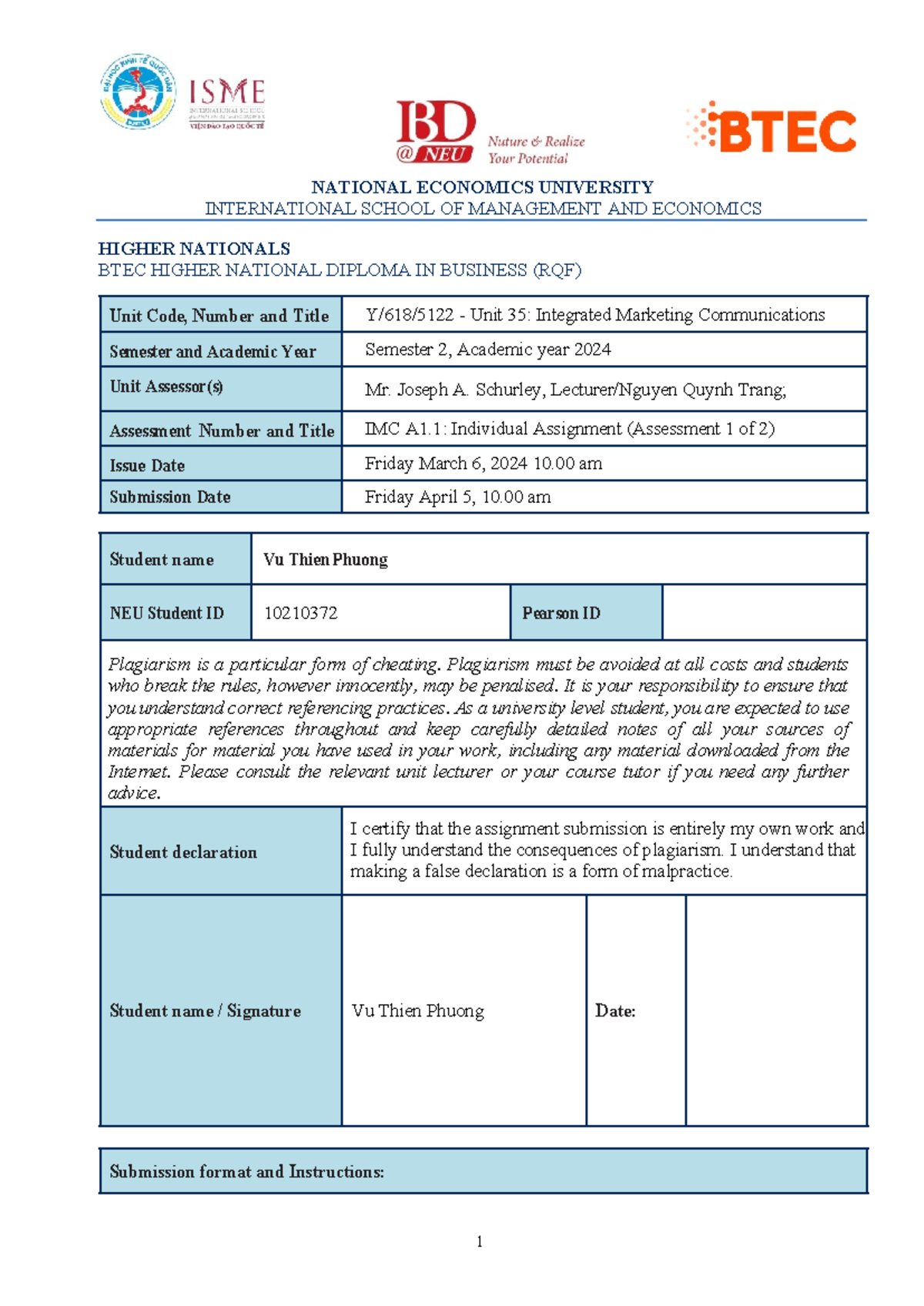 IMC A1 s2 yr23 - IMC A1.2 brief - NATIONAL ECONOMICS UNIVERSITY ...