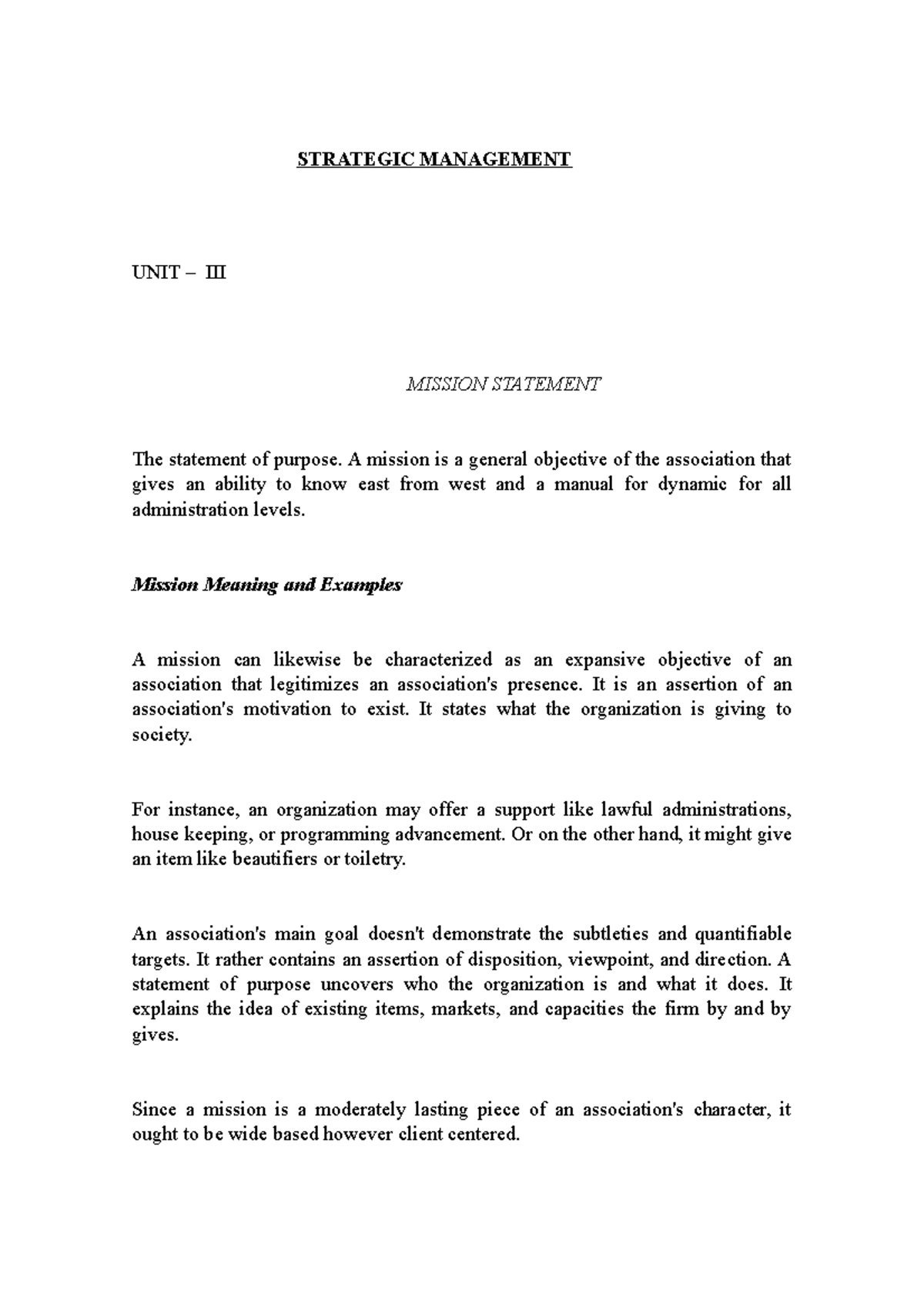 Strat Mgt UNIT 3 - Apuntes 3 - STRATEGIC MANAGEMENT UNIT – III MISSION ...