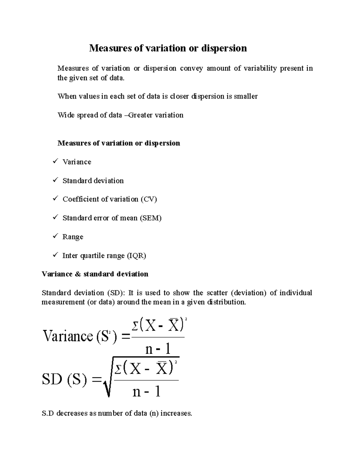 Measures of variation or dispersion - Measures of variation or ...