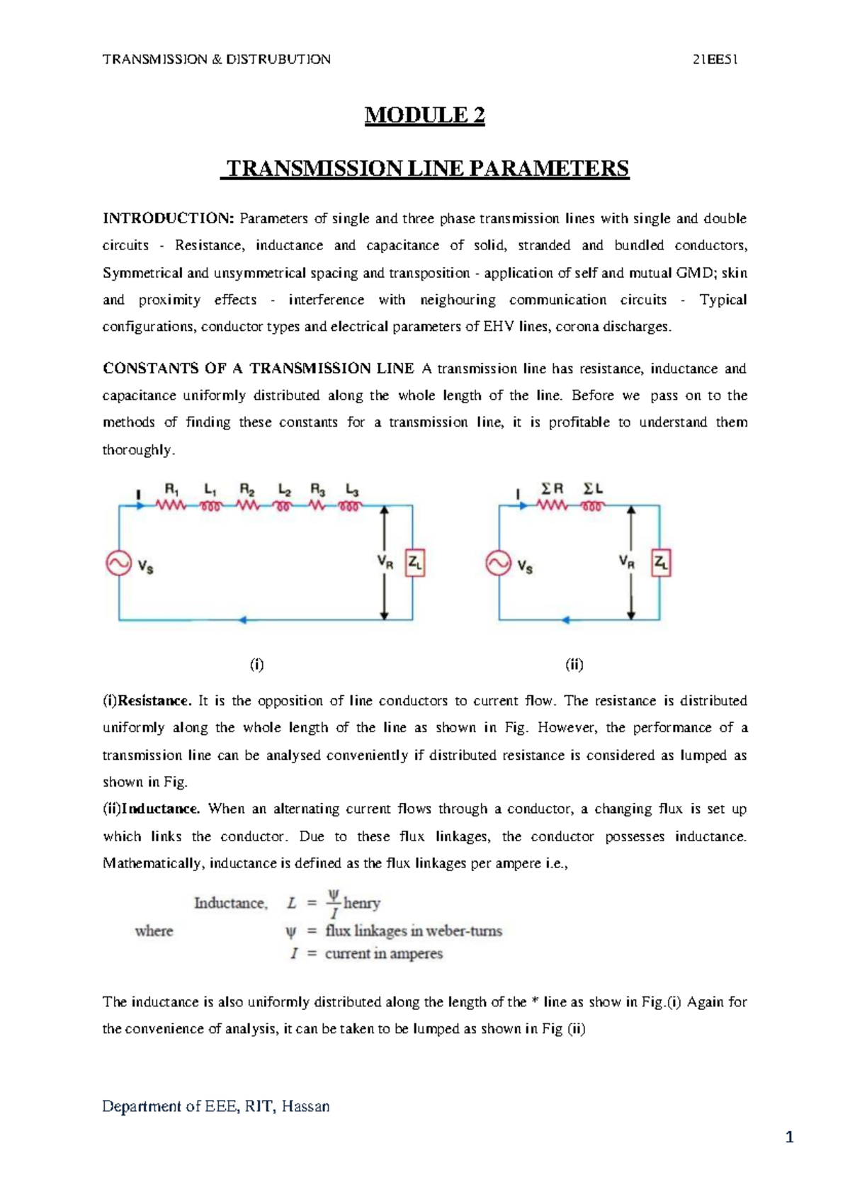 Module 2- Line Parameters - Department of EEE, RIT, Hassan MODULE 2 TRANSMISSION LINE PARAMETERS ...