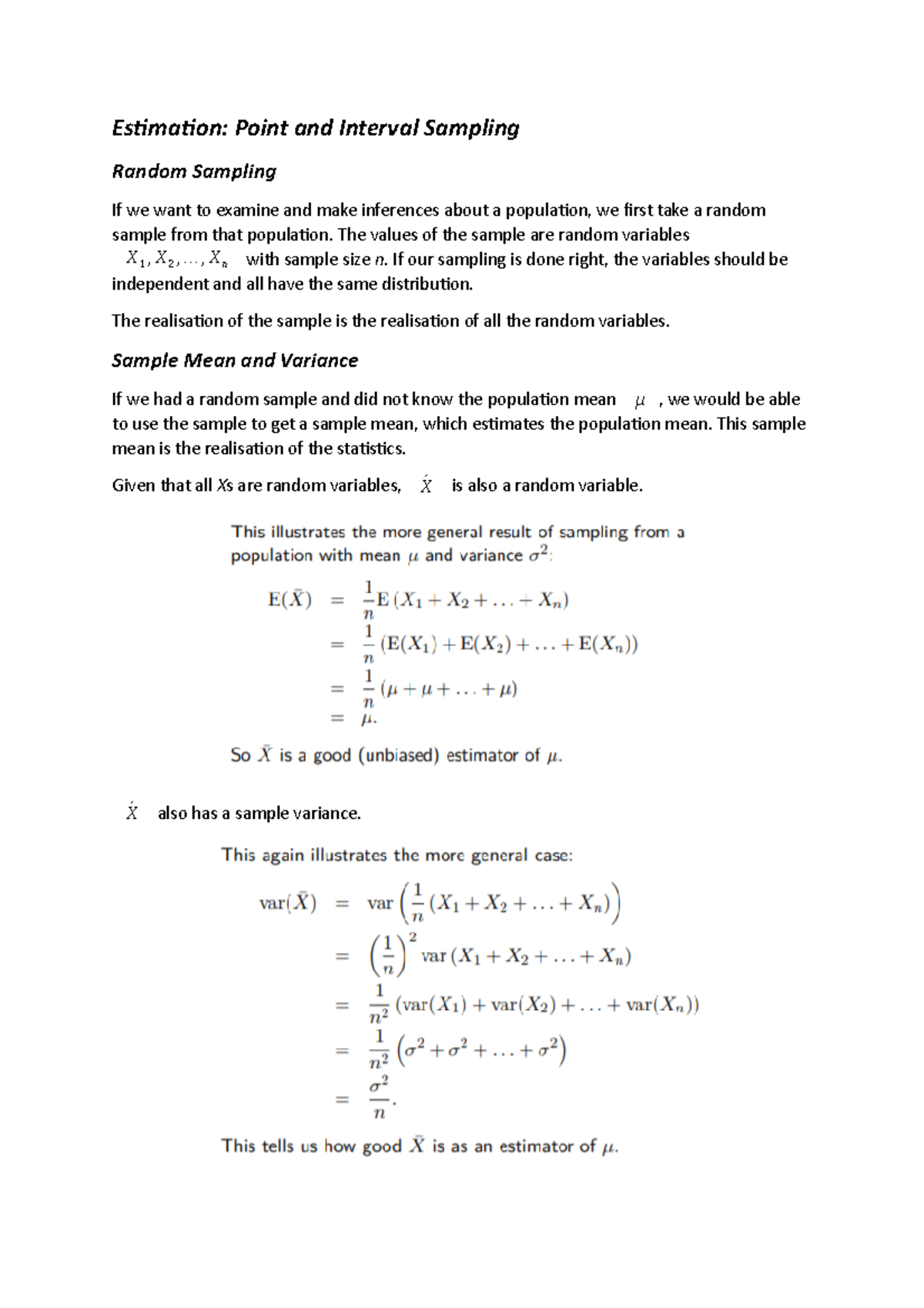 Estimation - Lecture notes on point and interval sampling - Esimaion ...