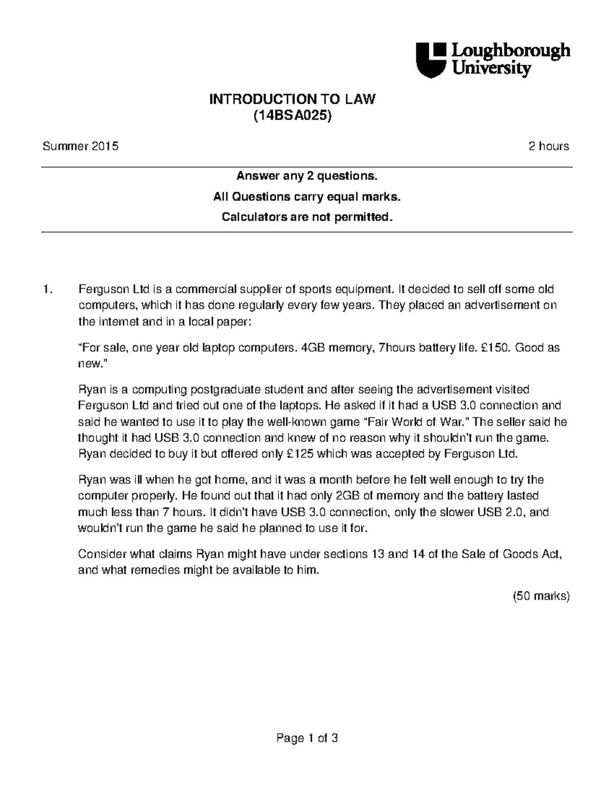 Exam 2015, questions - INTRODUCTION TO LAW (14BSA025) Summer 2015 2 ...
