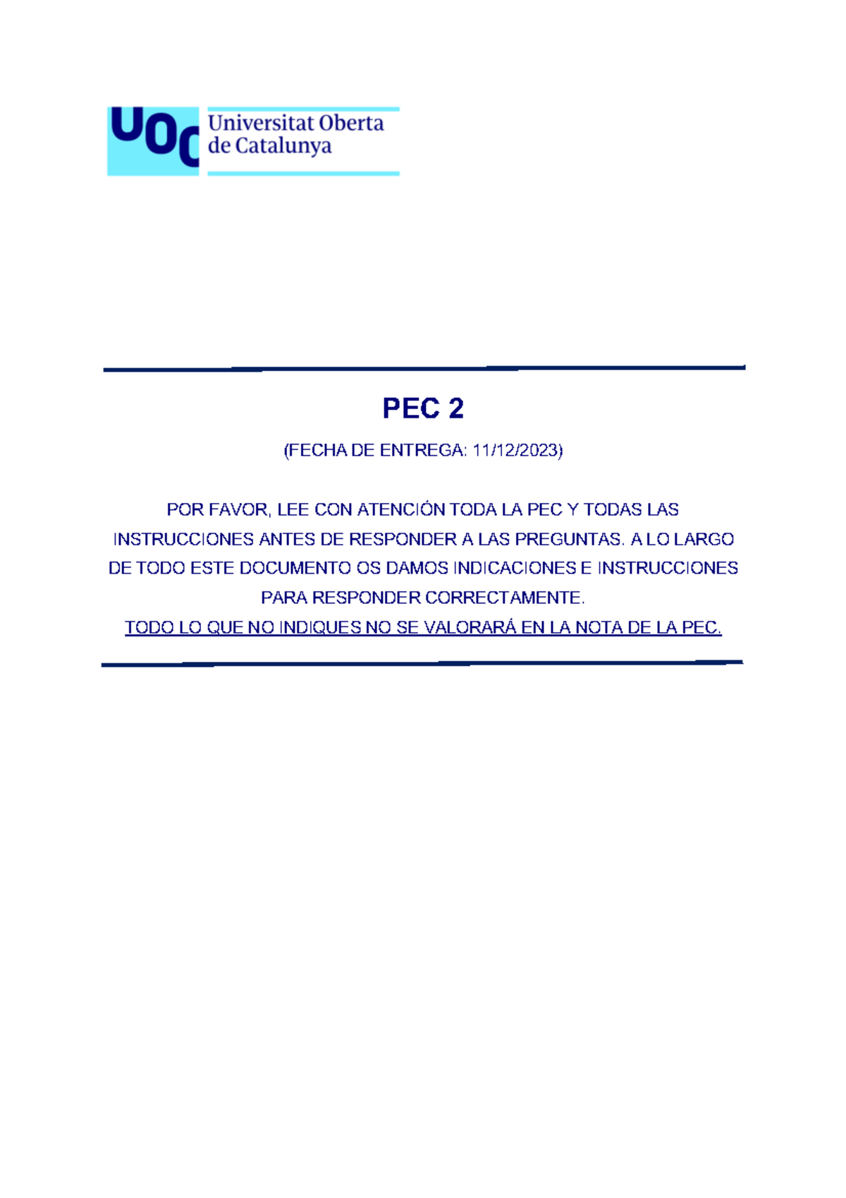Enunciado PEC2 - PEC 2 (FECHA DE ENTREGA: 11/1 2 /202 3 ) POR FAVOR, LEE CON ATENCIÓN TODA LA ...