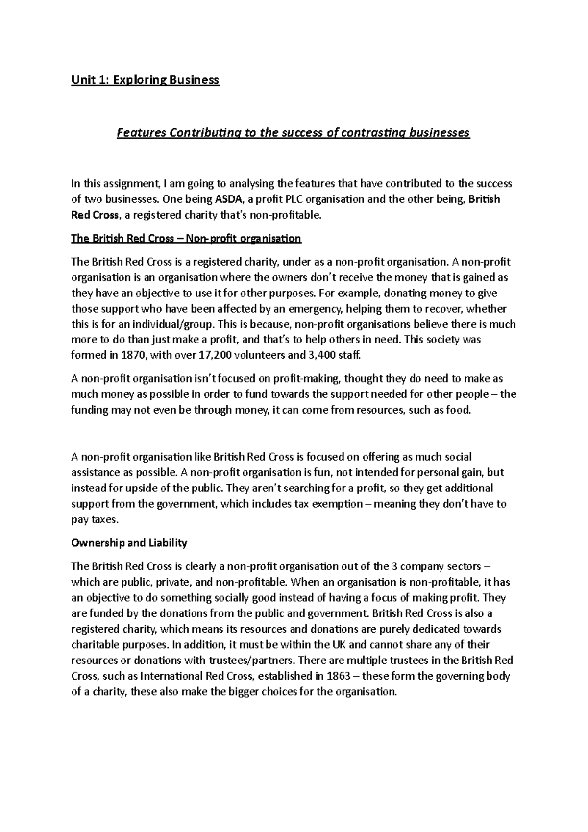 Features Contributing To The Success Of Contrasting Businesses Unit 1