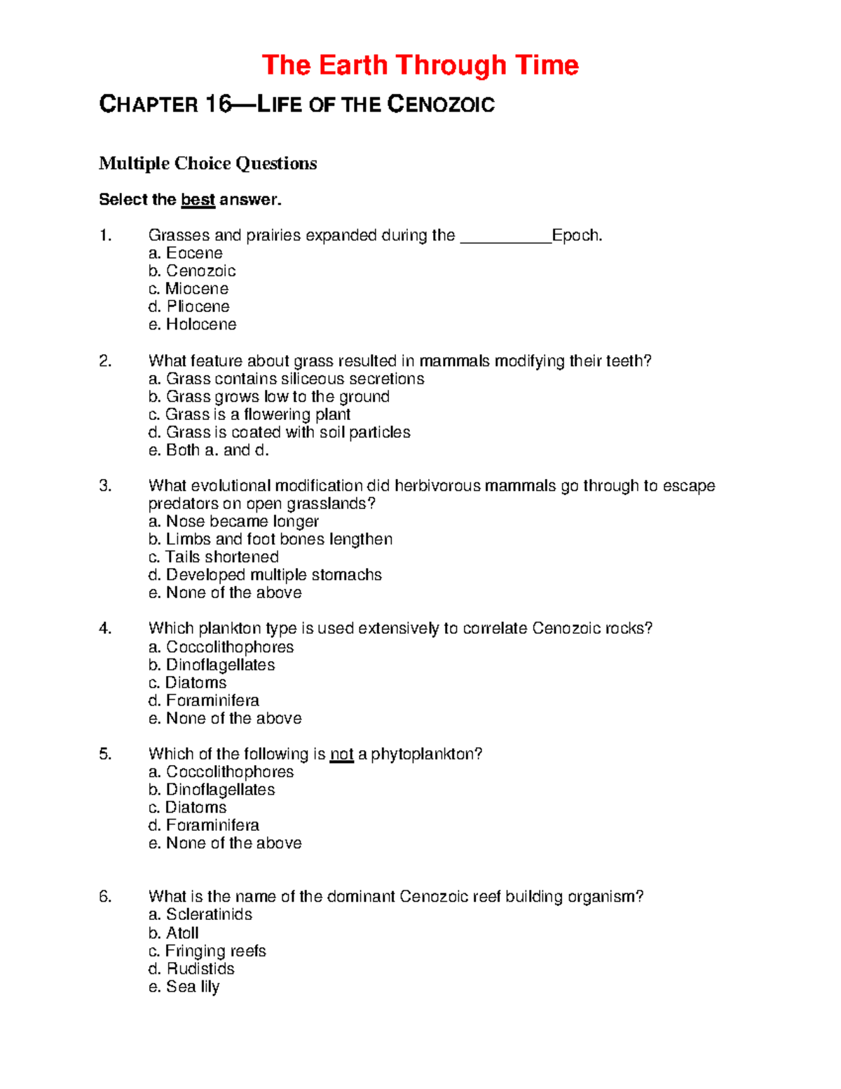 Ch16 Life of the Cenozoic Test - The Earth Through Time CHAPTER 16 ...
