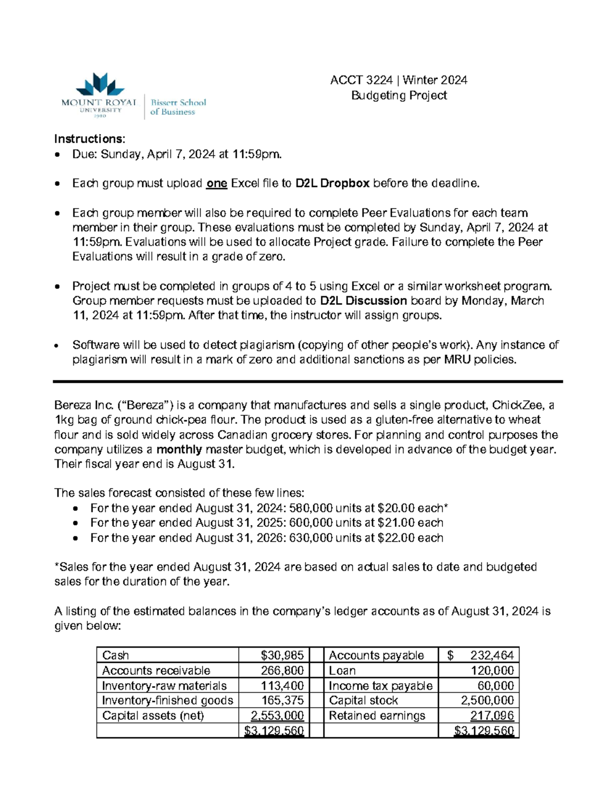 Acct 3224 Budget Assignment Winter 2024 - ACCT 3224 | Winter 2024 Budgeting Project Instructions ...