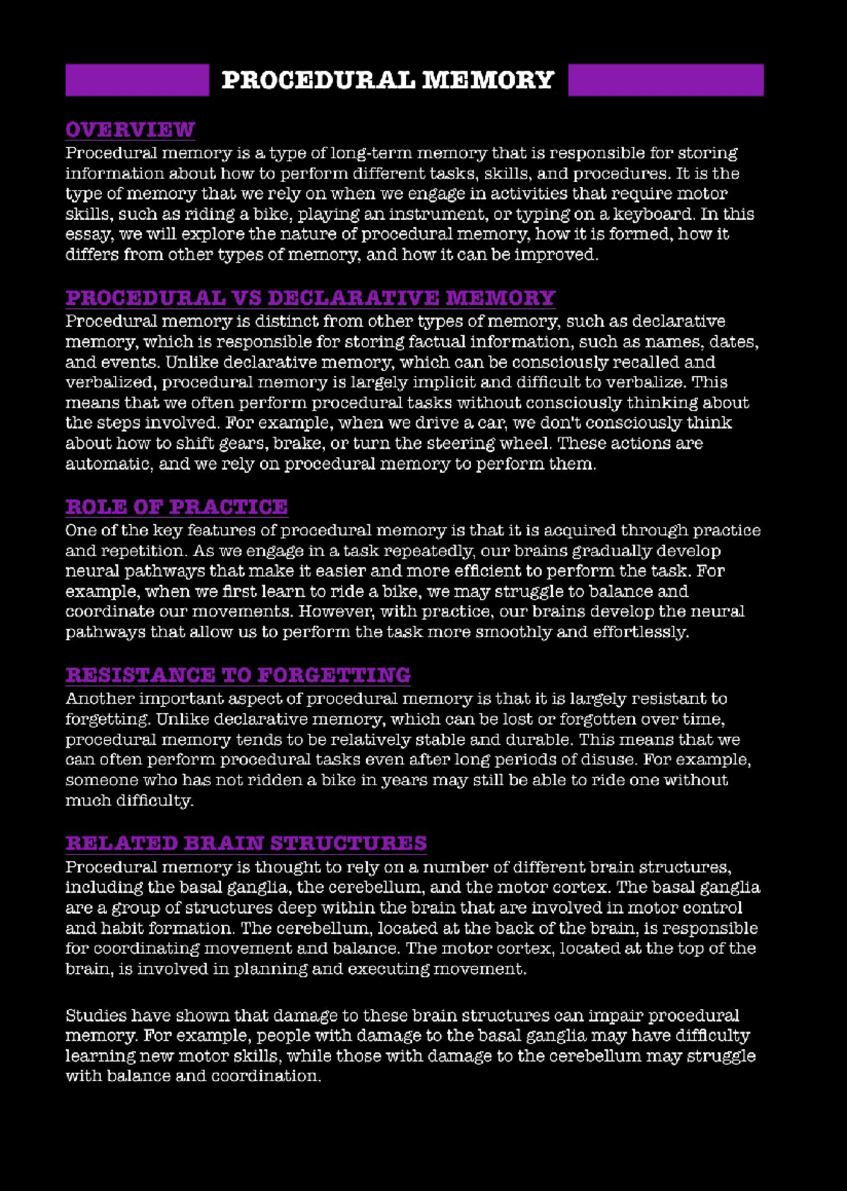 Summary: Procedural Memory - 8638 - Studocu