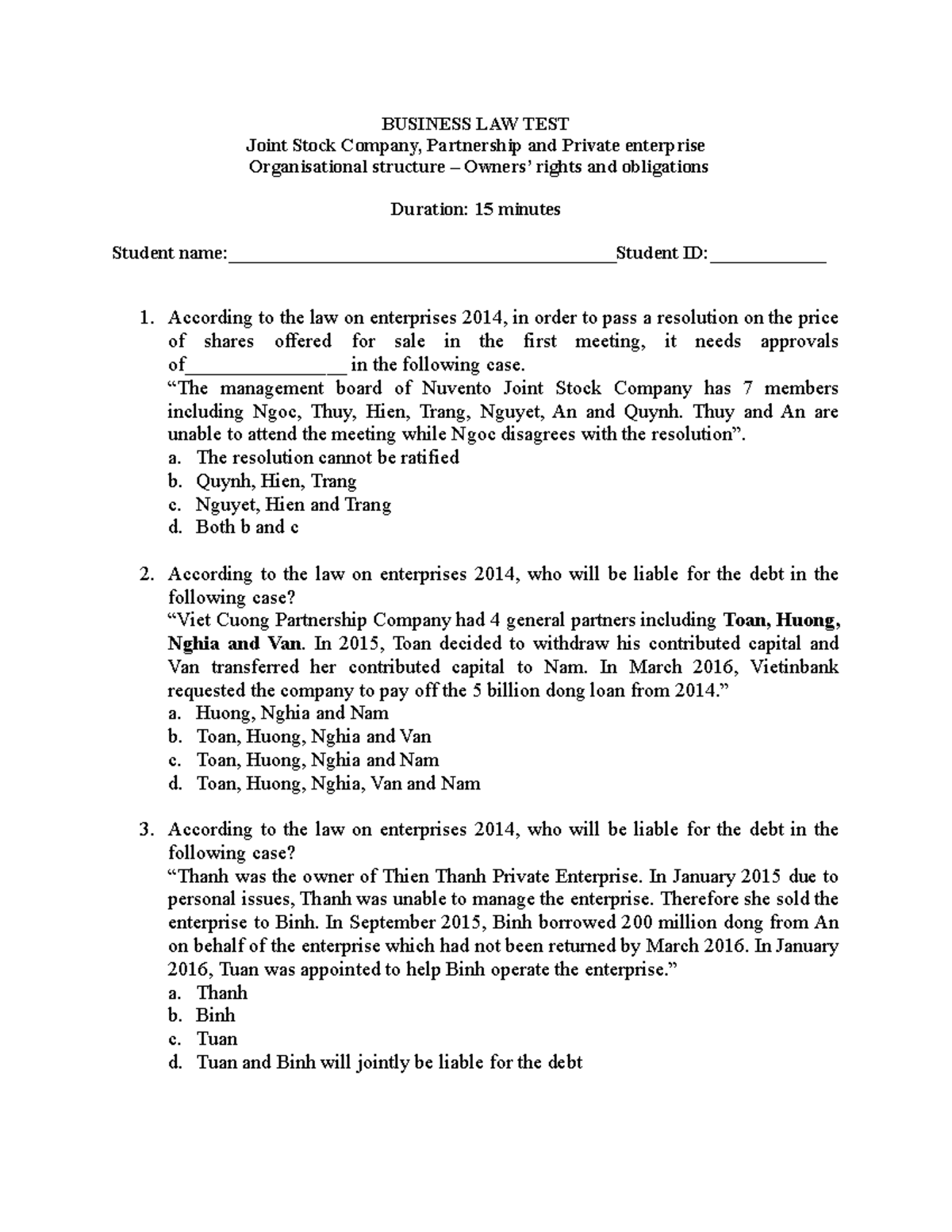 Sample/practice exam - BUSINESS LAW TEST Joint Stock Company ...