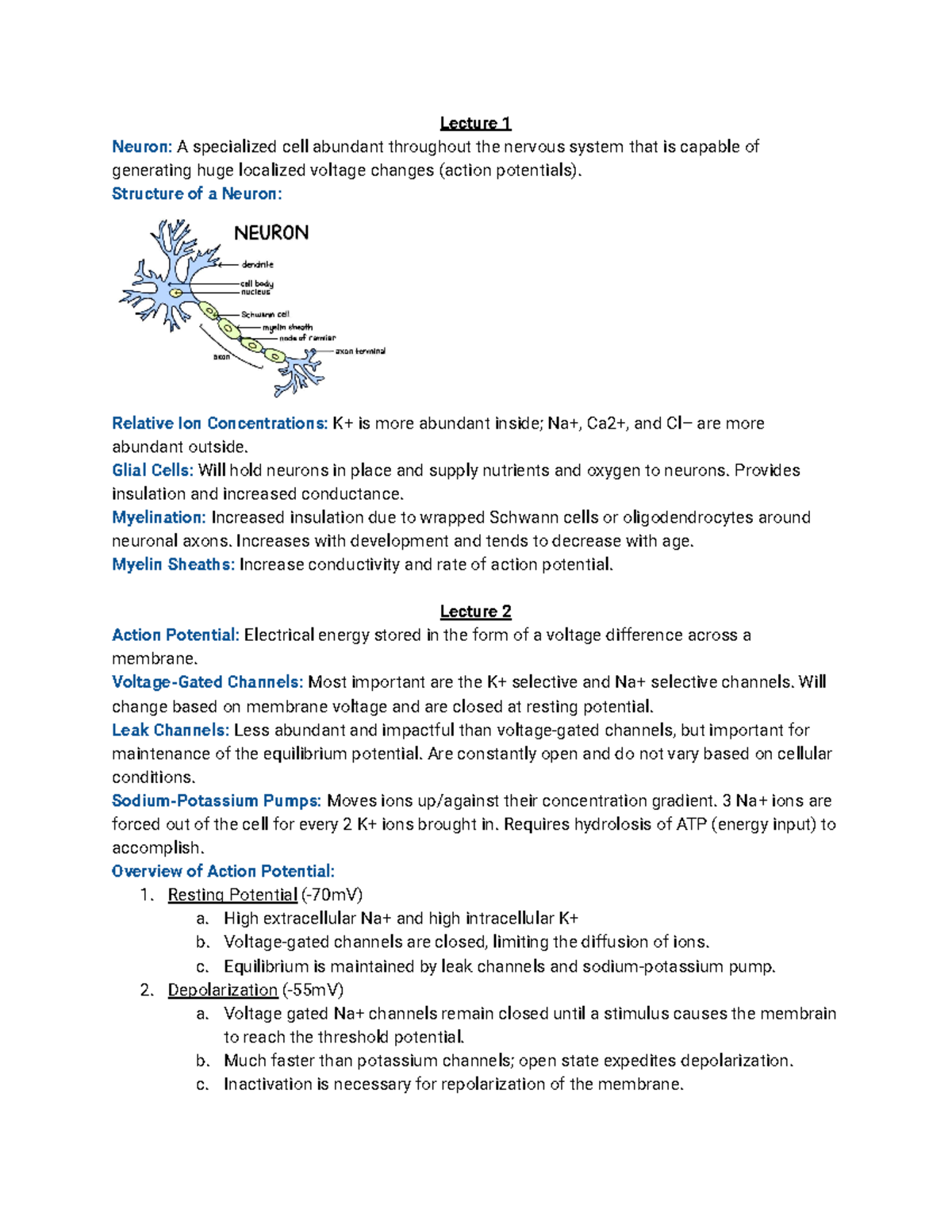 Neuro 101 Quiz 1 Cheat Sheet - Lecture 1 Neuron: A specialized cell ...
