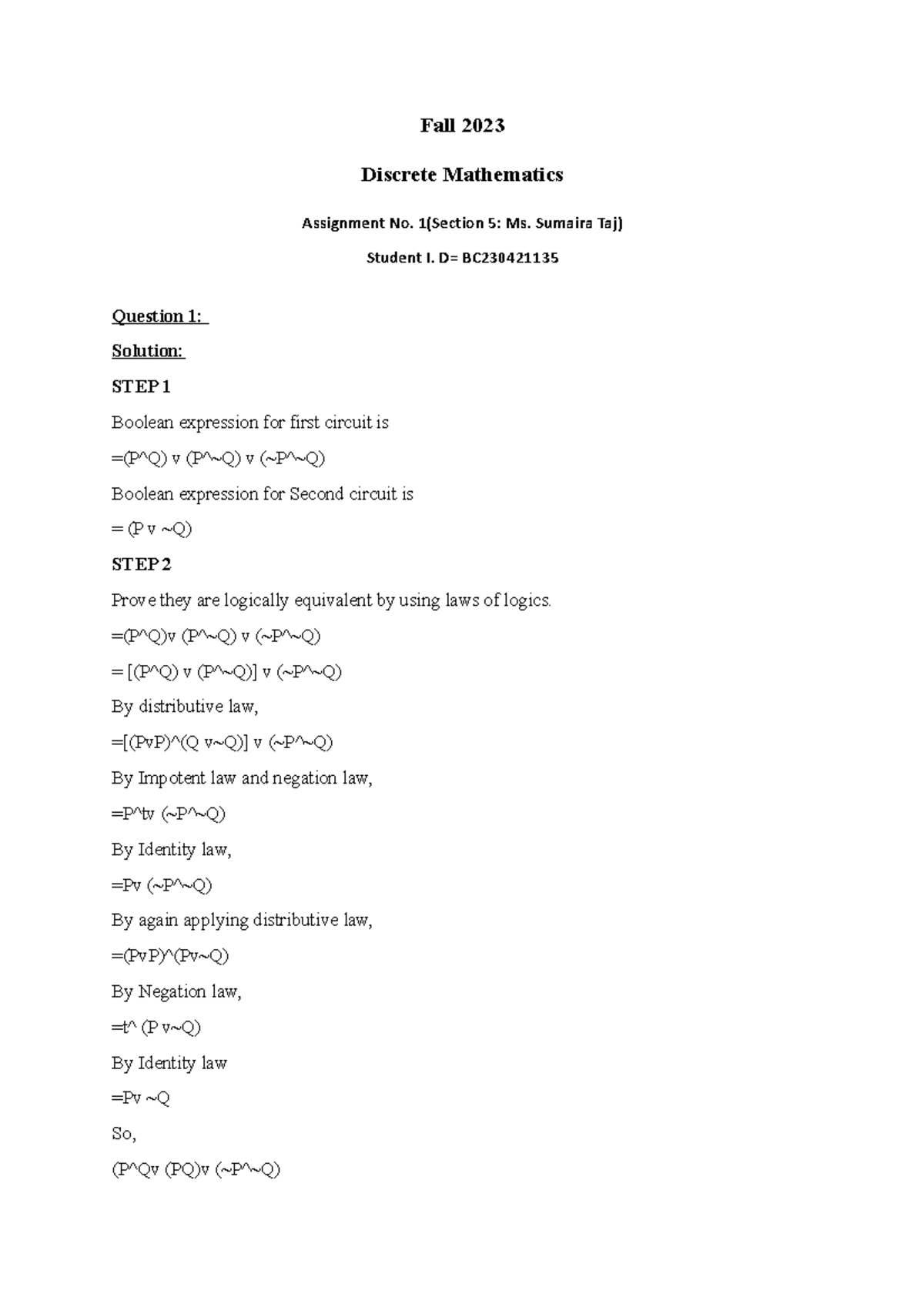 Fall 2023 CS401P 1 BC230431135 - Fall 2023 Discrete Mathematics Assignment No. 1(Section 5: Ms ...