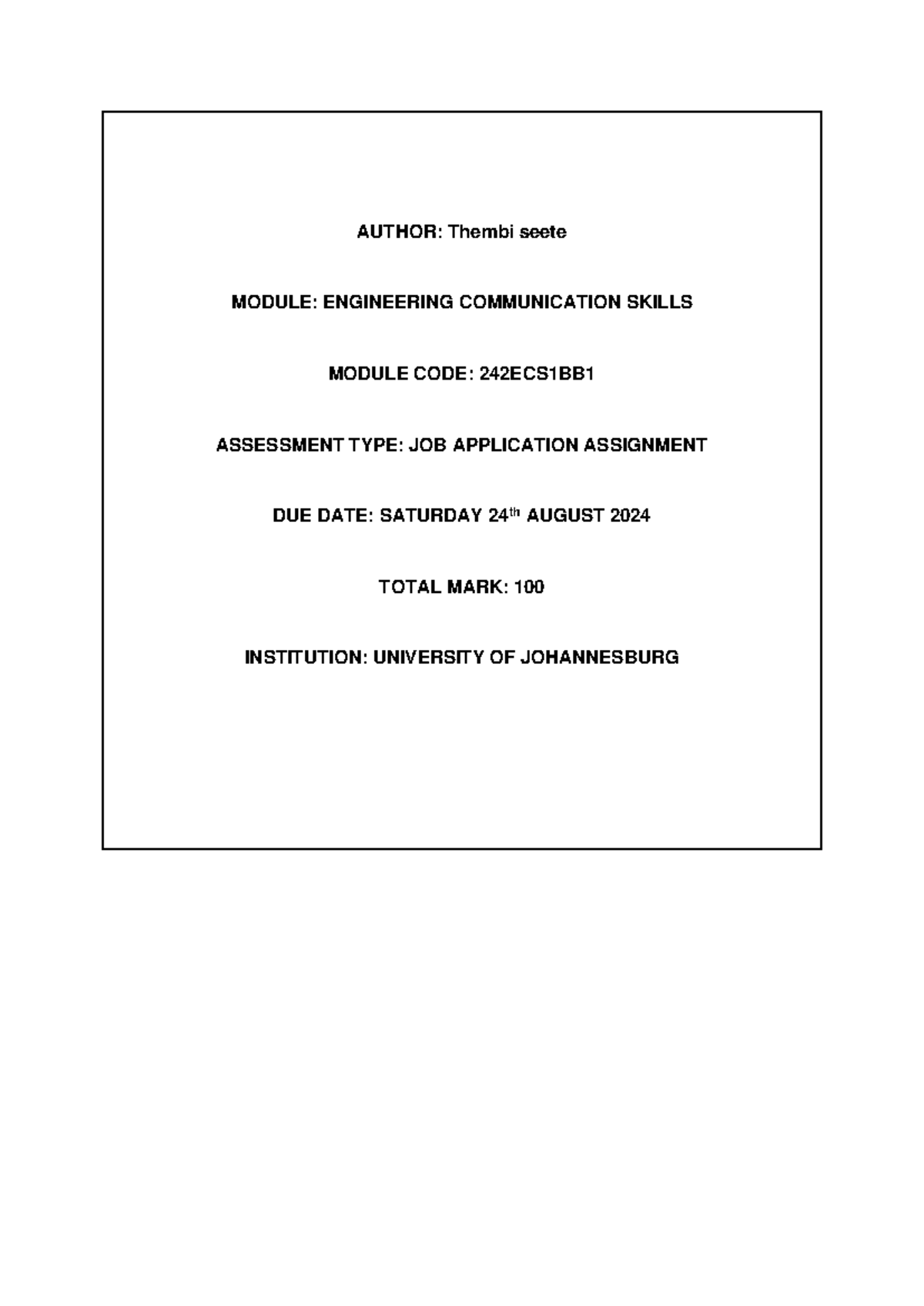 T. Seete ECSA Assignment JOB Application - AUTHOR: Thembi seete MODULE: ENGINEERING ...