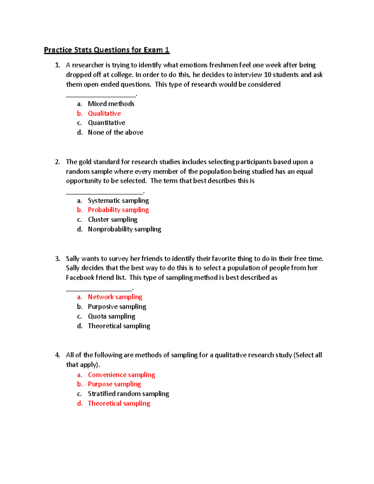 Practice stats questions (set 2) - Practice Stats Questions for Exam 1 ...