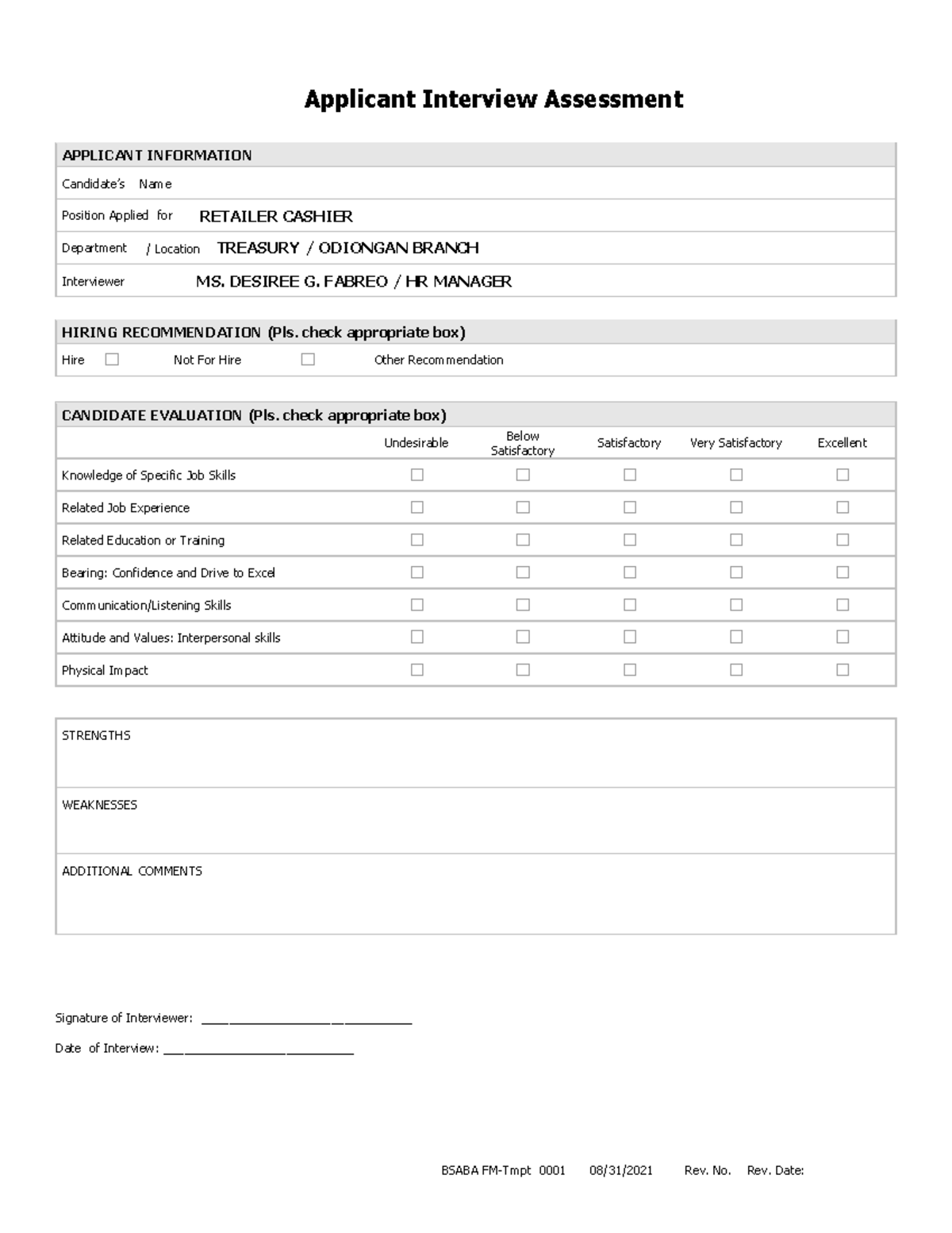 Z Sample 6 Interview Assessment Form - Applicant Interview Assessment ...