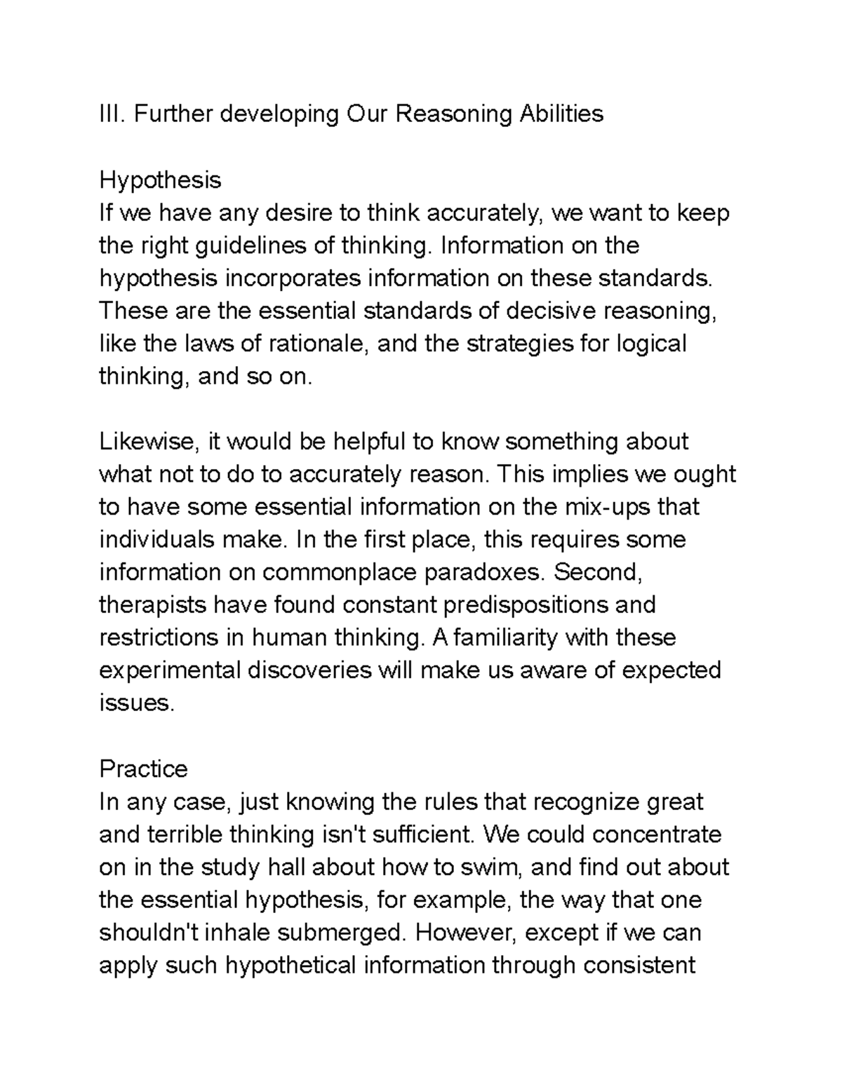 III further developing our reasoning - III. Further developing Our ...