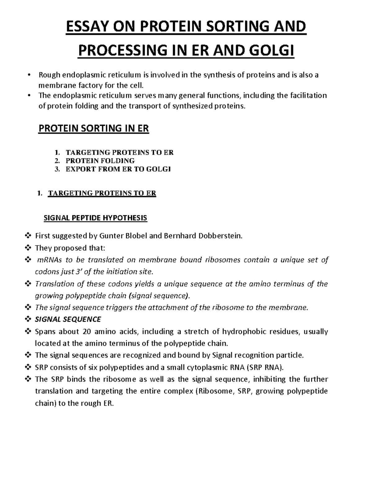 Essay ON Protein Sorting AND Processing IN ER AND Golgi Apparatus ...
