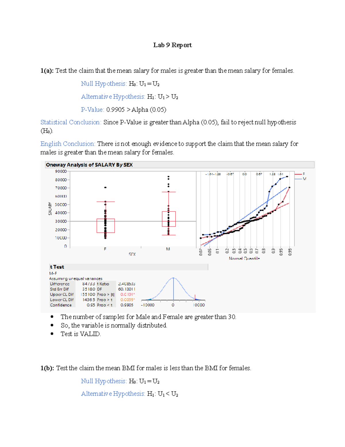 Lab 9 Report (Stats) - Lab 9 Report 1(a): Test the claim that the mean ...