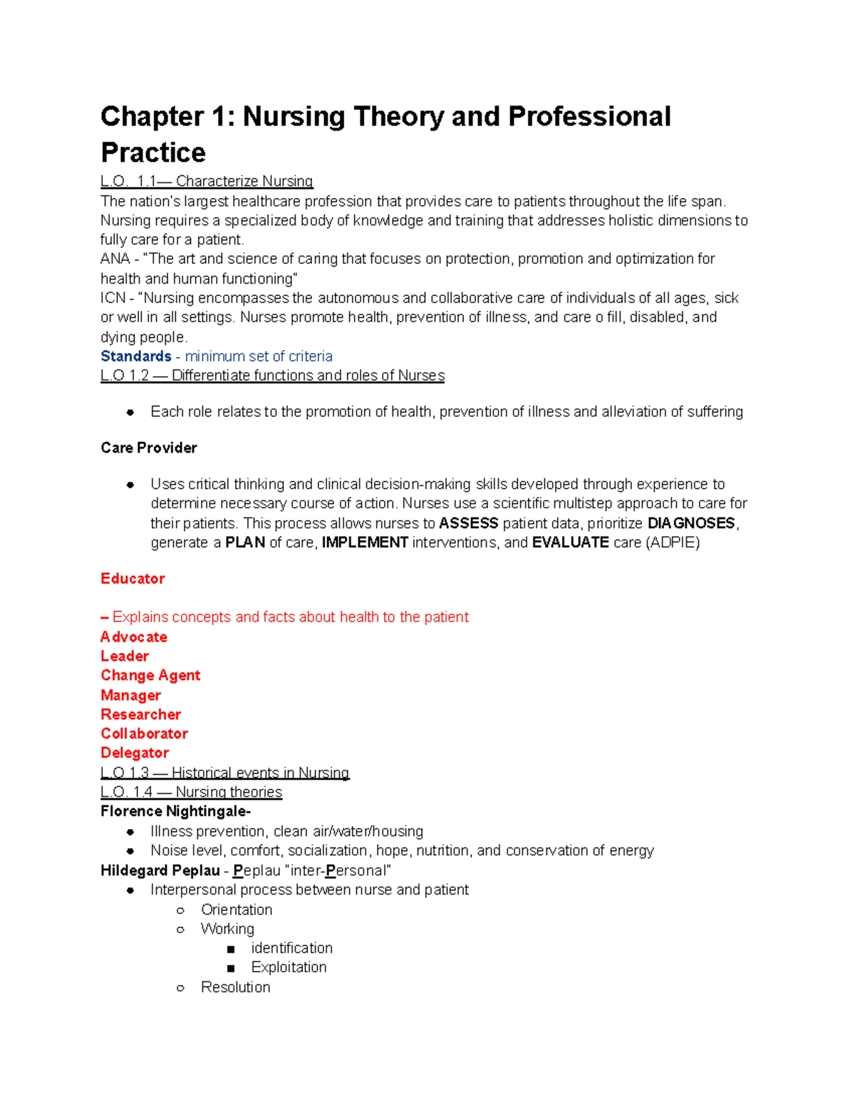 Chapter 1 Nursing Theory and Professional Practice - 1— Characterize ...