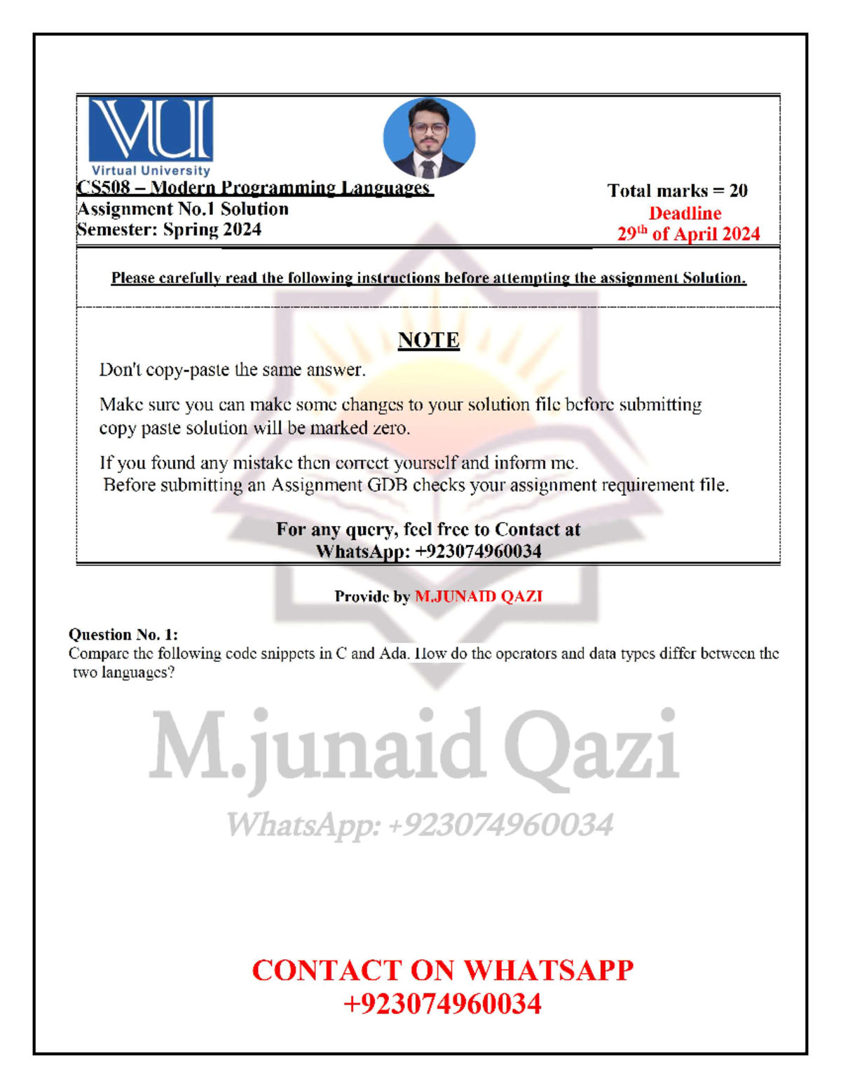 CS508-Assignment 1 Solution Spring 2024 By M.junaid Qazi1 - Modern Programming Languages - Studocu