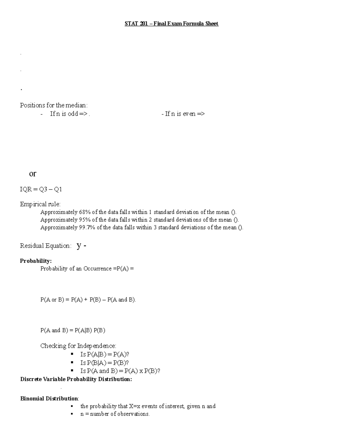 Final Exam Formula Sheet and Tables fall 2021 - STAT 201 – Final Exam ...