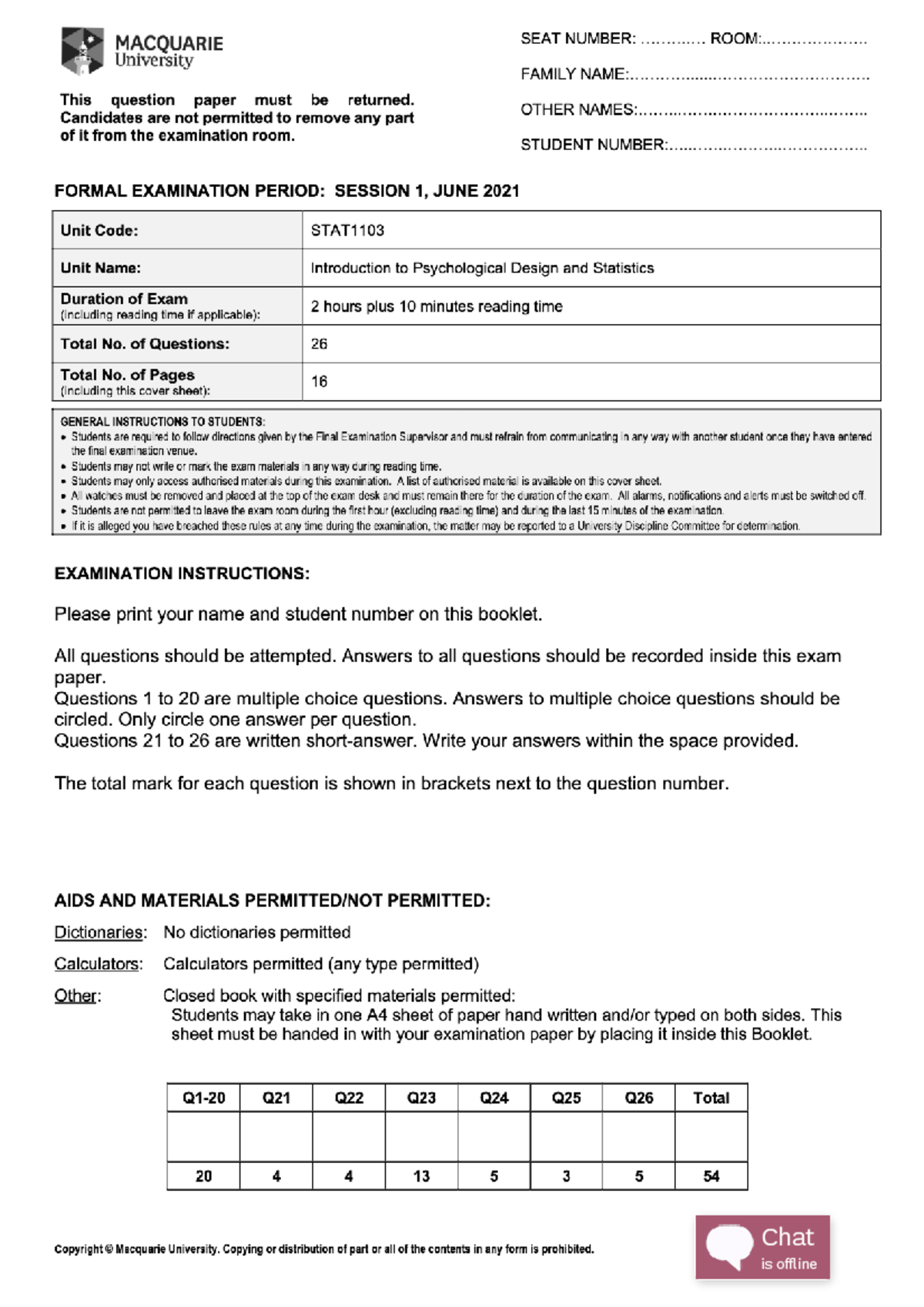 STAT1103 2021S1 Final exam - STAT1103 - Studocu