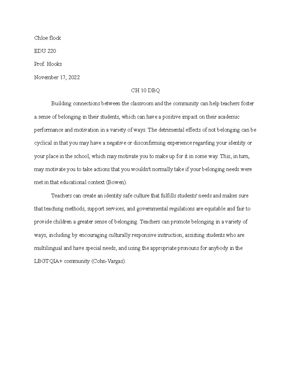 CH 10 DBQ - Chapter 10: Why is a sense of belonging so important to ...