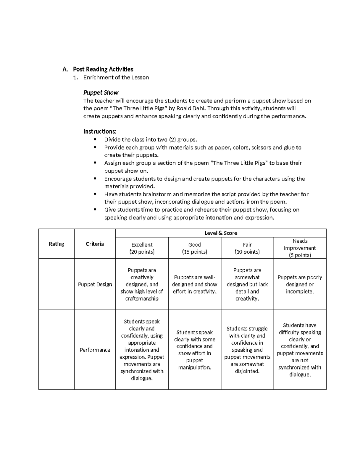 Enrichment-Generalization - A. Post Reading Activities 1. Enrichment of the Lesson Puppet Show ...
