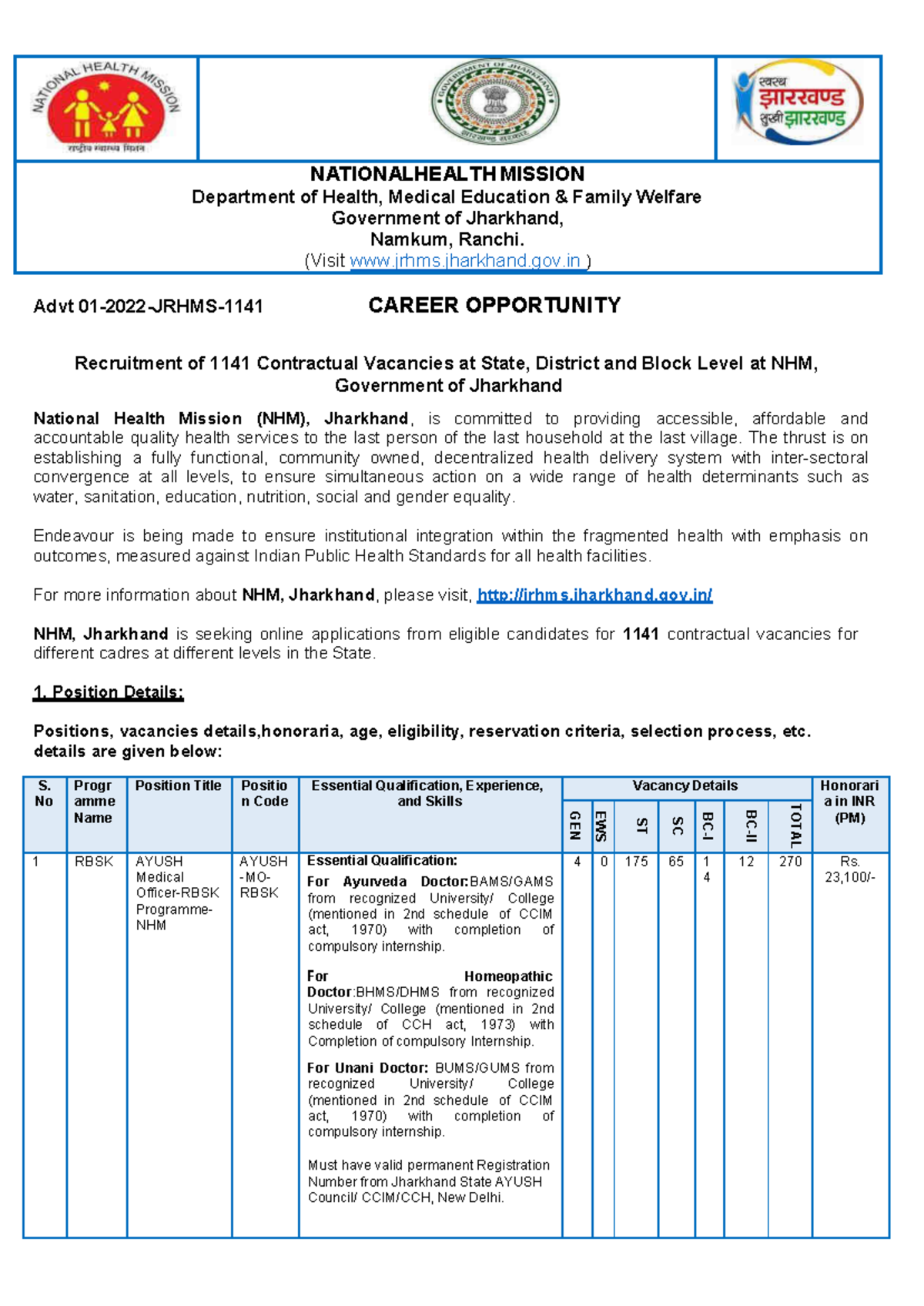 NHM Jharkhand Recruitment 2022 Notification - NATIONALHEALTH MISSION ...