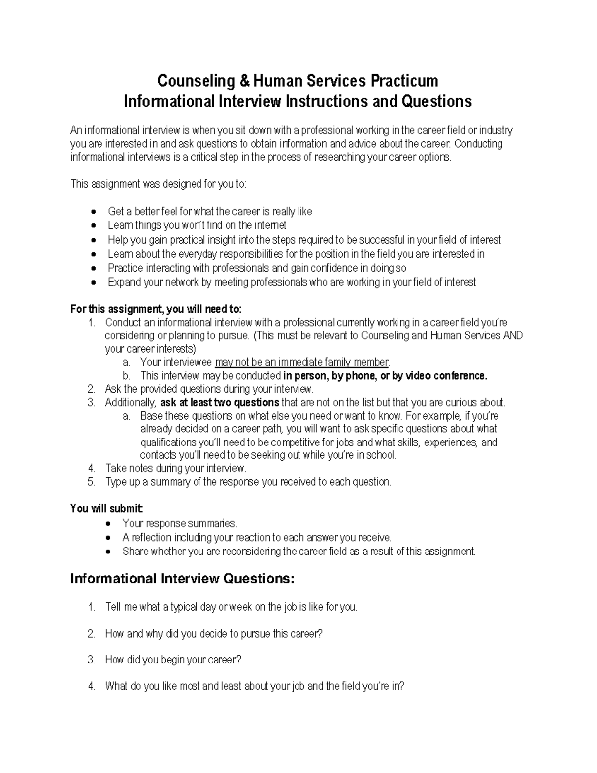 Informational Interview Instructions and Questions - Counseling & Human ...