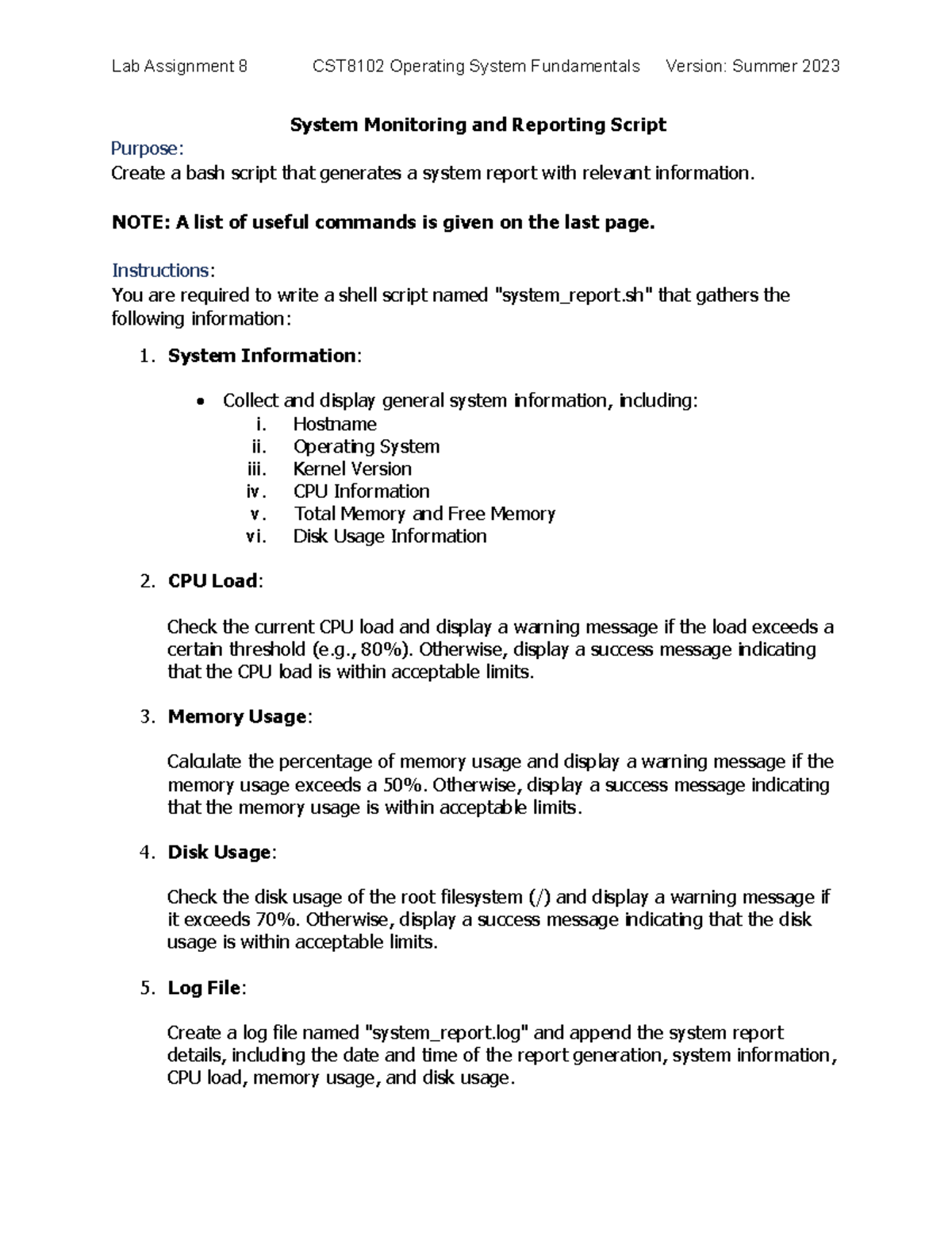 Lab 8 - CST2335 Final Group Project S23 - System Monitoring and Reporting Script Purpose: Create ...