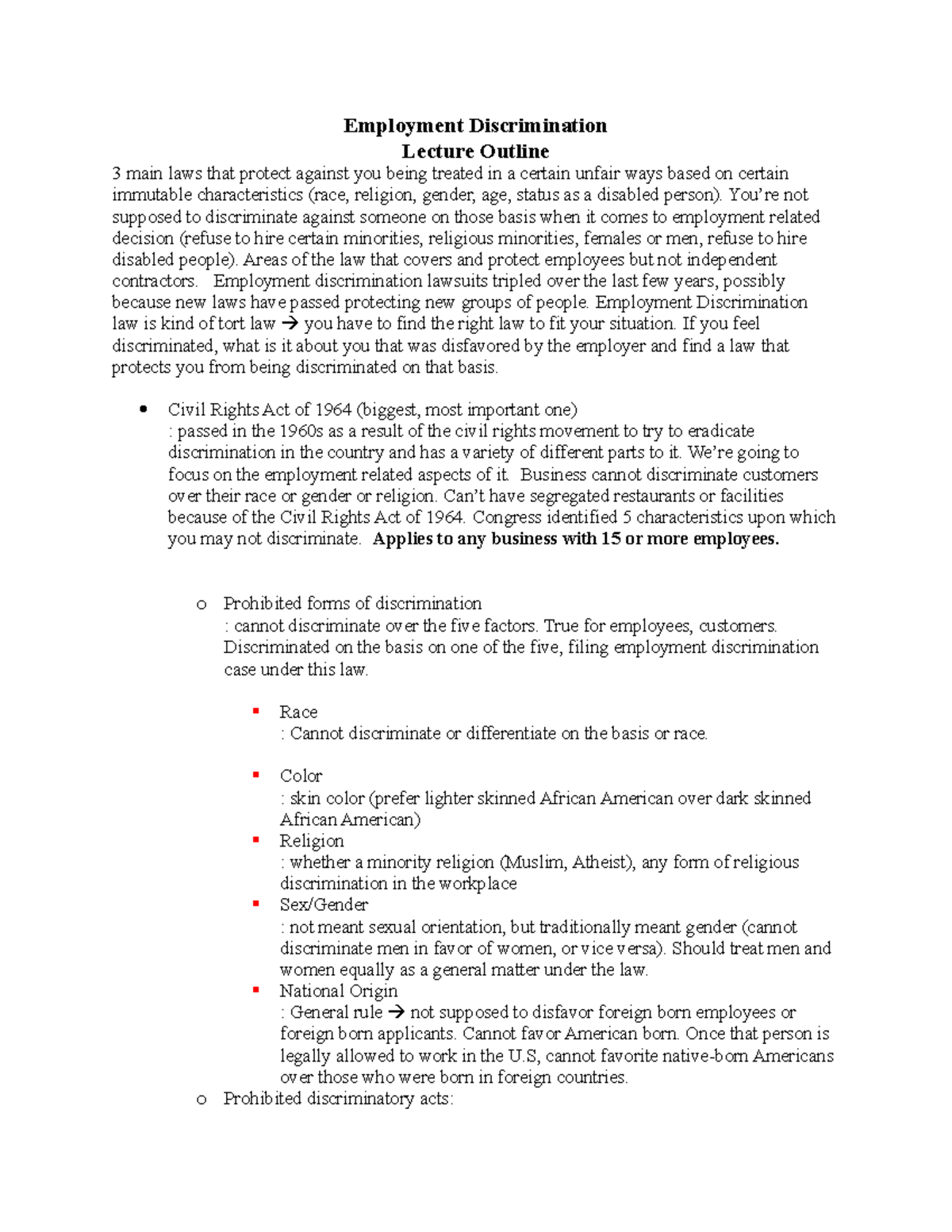 Employment Discrimination Lecture Outline - Employment Discrimination ...