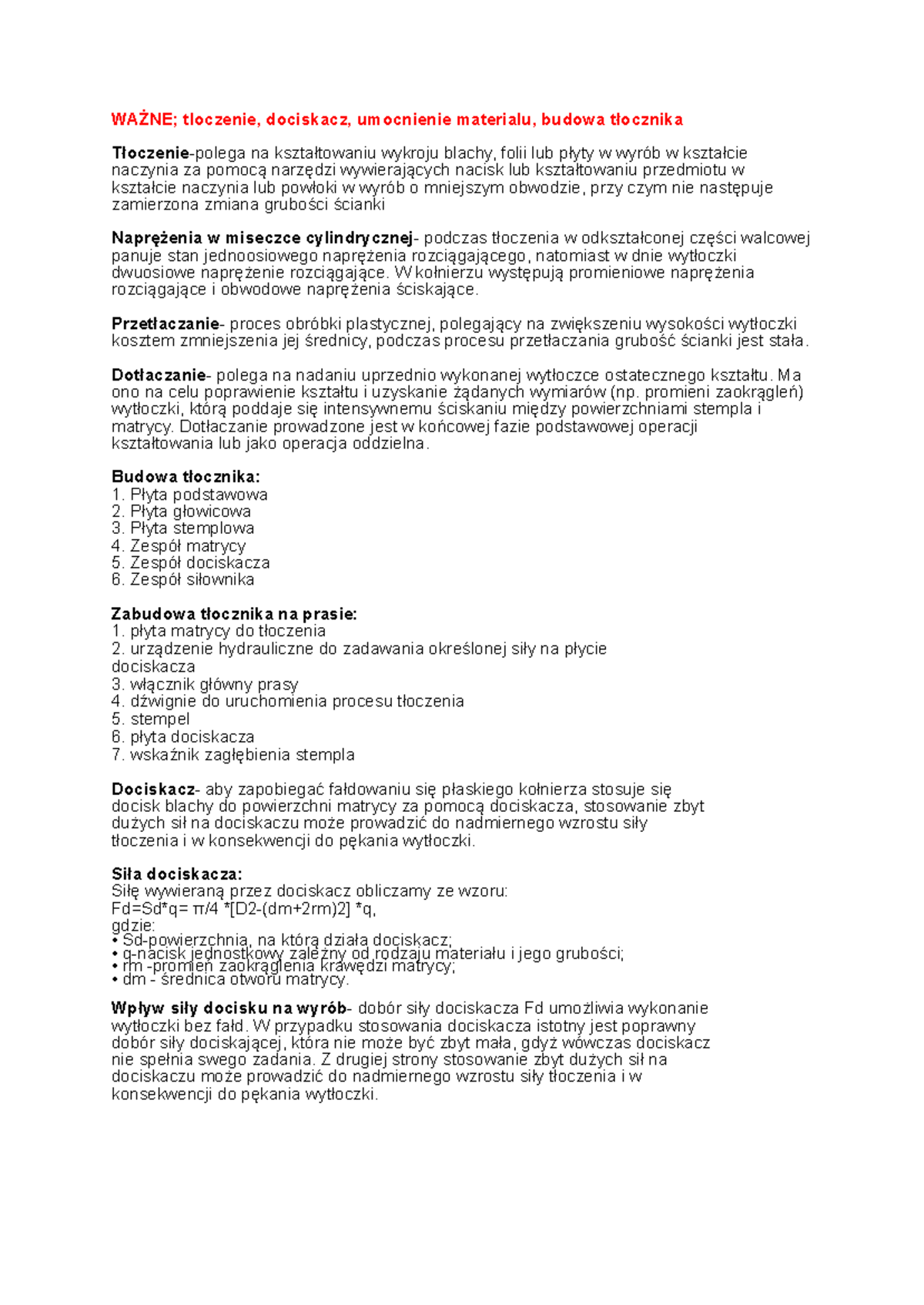 Ptw notatka tłoczenie - WAŻNE; tloczenie, dociskacz, umocnienie ...