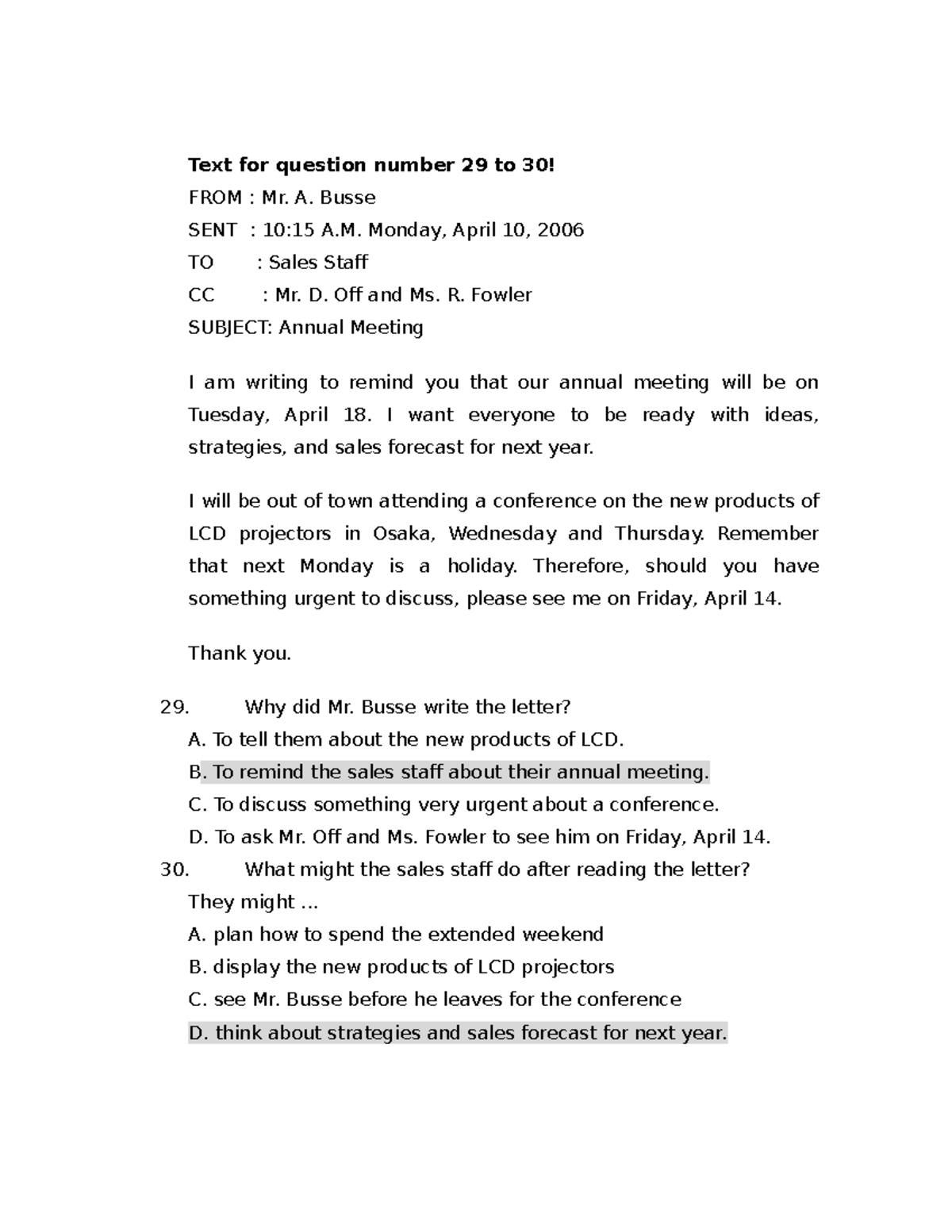 English TEST - Copy (7) - Copy - Text for question number 29 to 30 ...