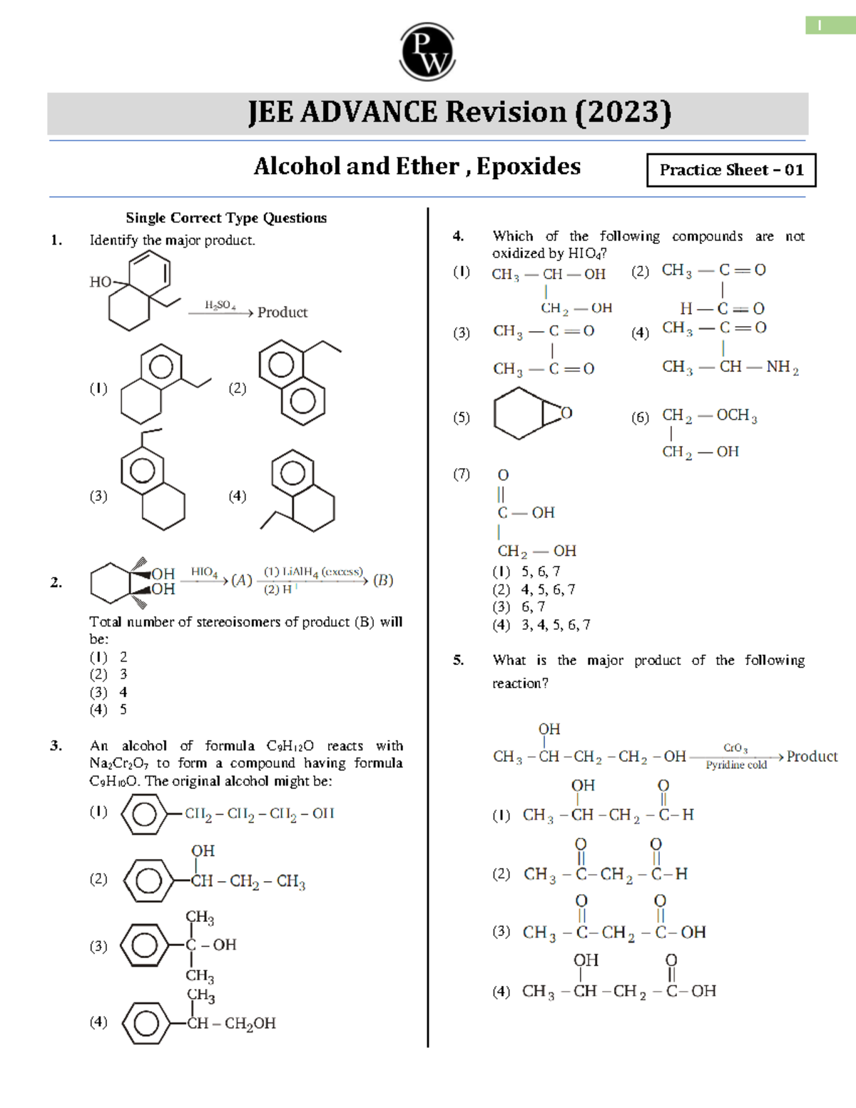 Alcohol and Ether , Epoxides Practice Sheet 01 JEE Advance 2023 - JEE ...