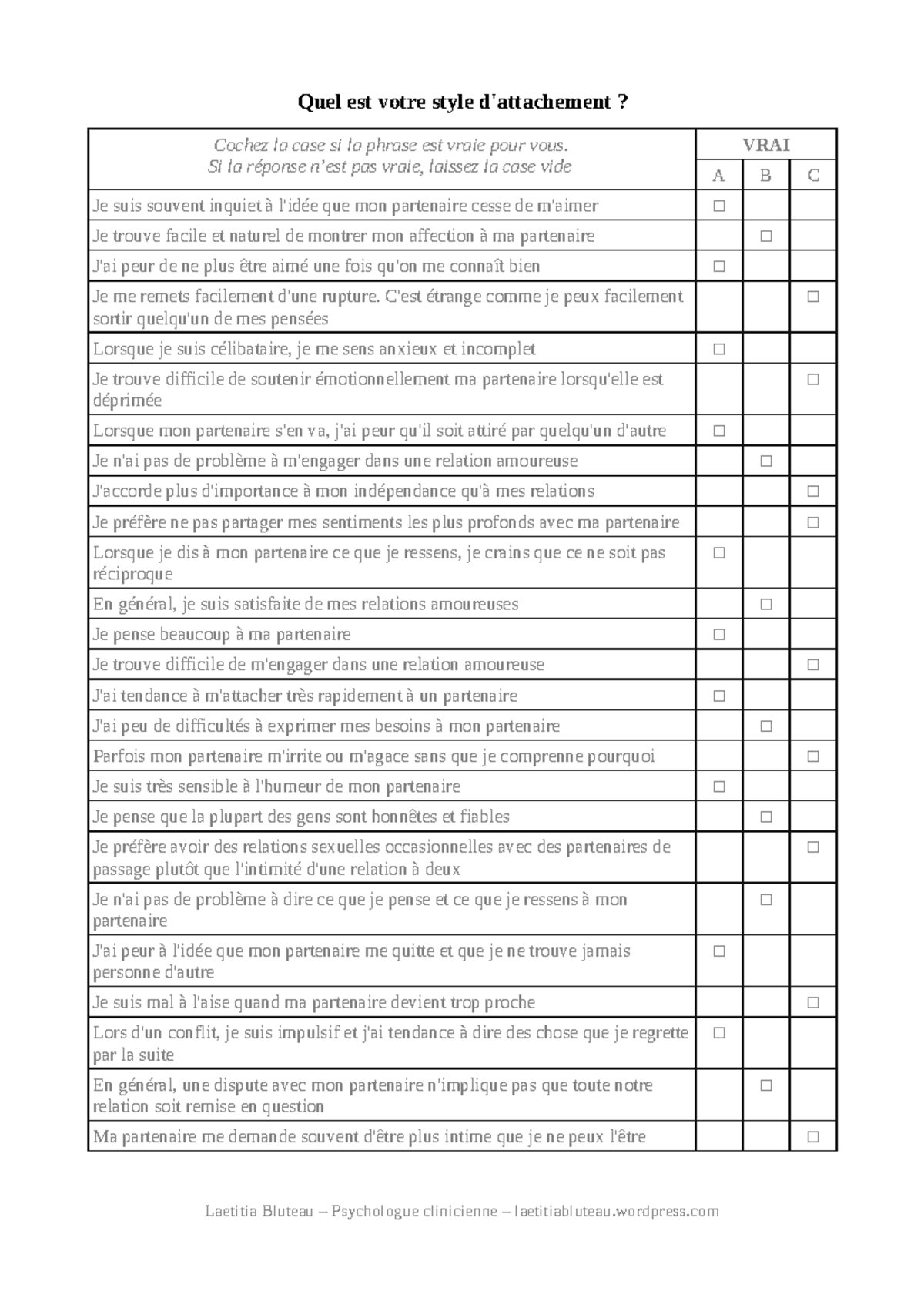 Questionnaire attachement en francais - Quel est votre style d'attachement? Cochez la case si la ...