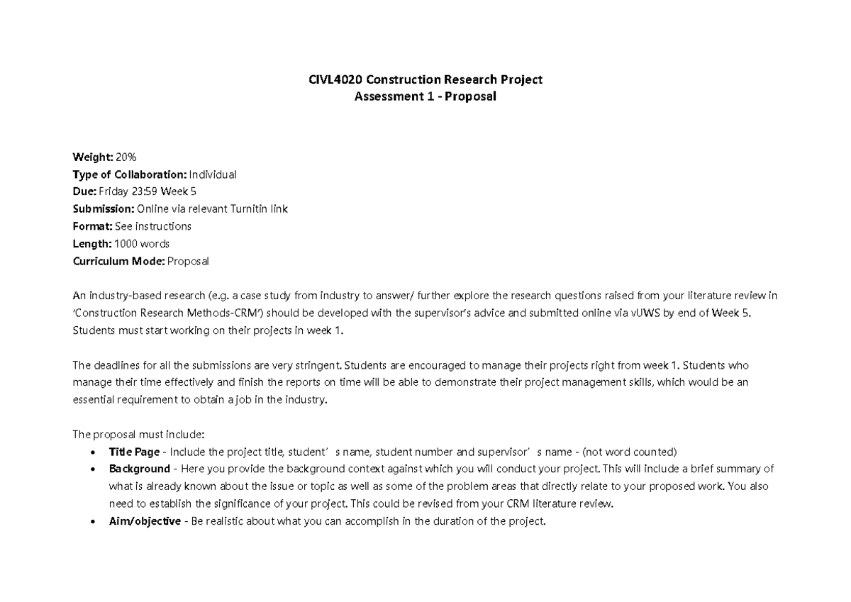 Assessment 1 - Proposal 2023 - CIVL4020 Construction Research Project ...